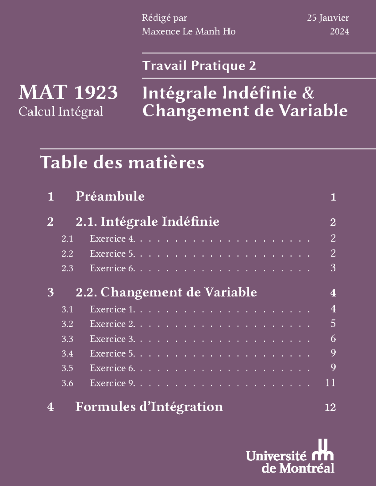 MAT1923 - TP2 - Calcul Intégral Intégrale lndéfinie & Changement de ...