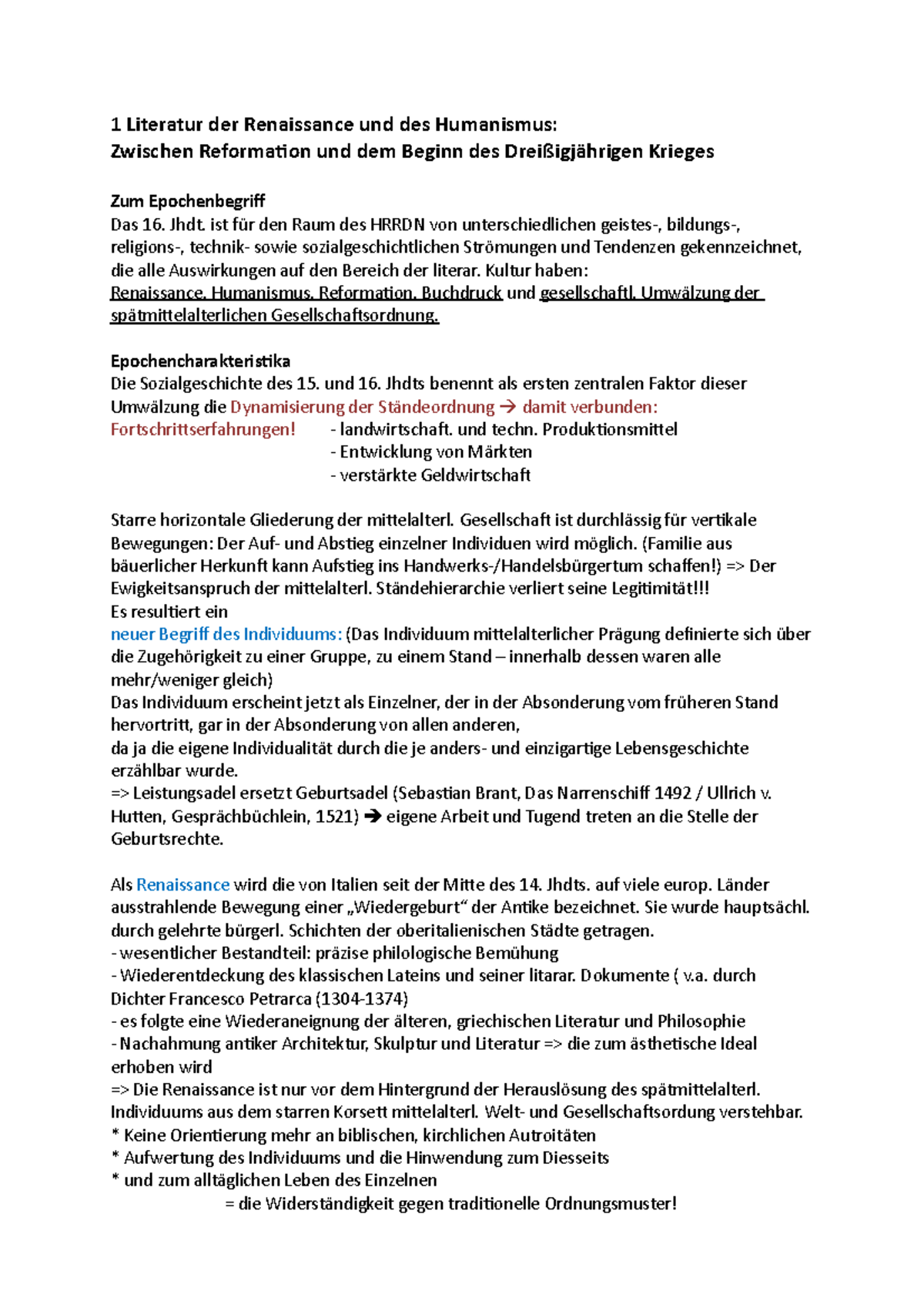 Handout Literatur der Renaissance und des Humanismus - 1 Literatur der ...