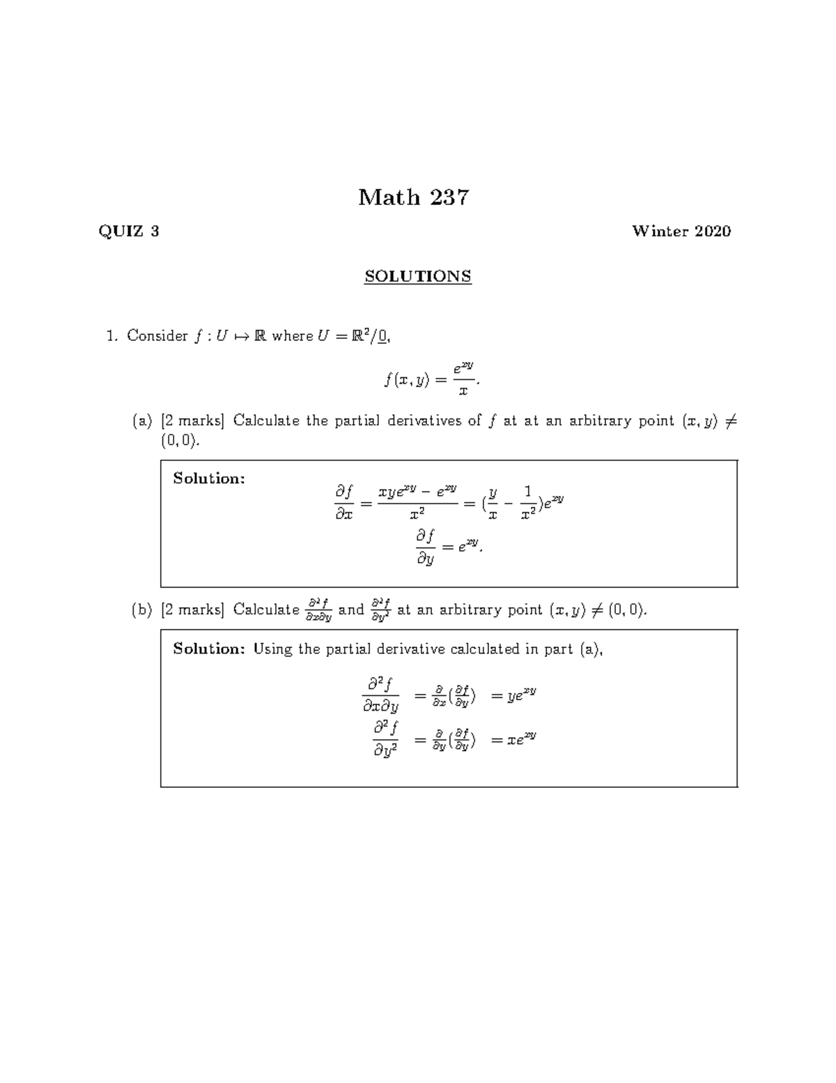 Quiz3, questions and answers - Math 237 QUIZ 3 Winter 2020 SOLUTIONS ...
