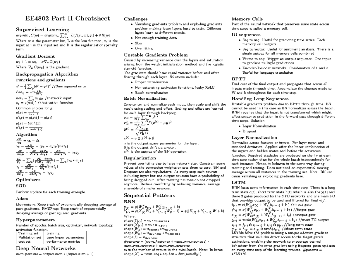 Cheatsheet - EE4802 Part II Cheatsheet Supervised Learning argminxC(w) =argminw ∑w i=1L(f(xi, w ...