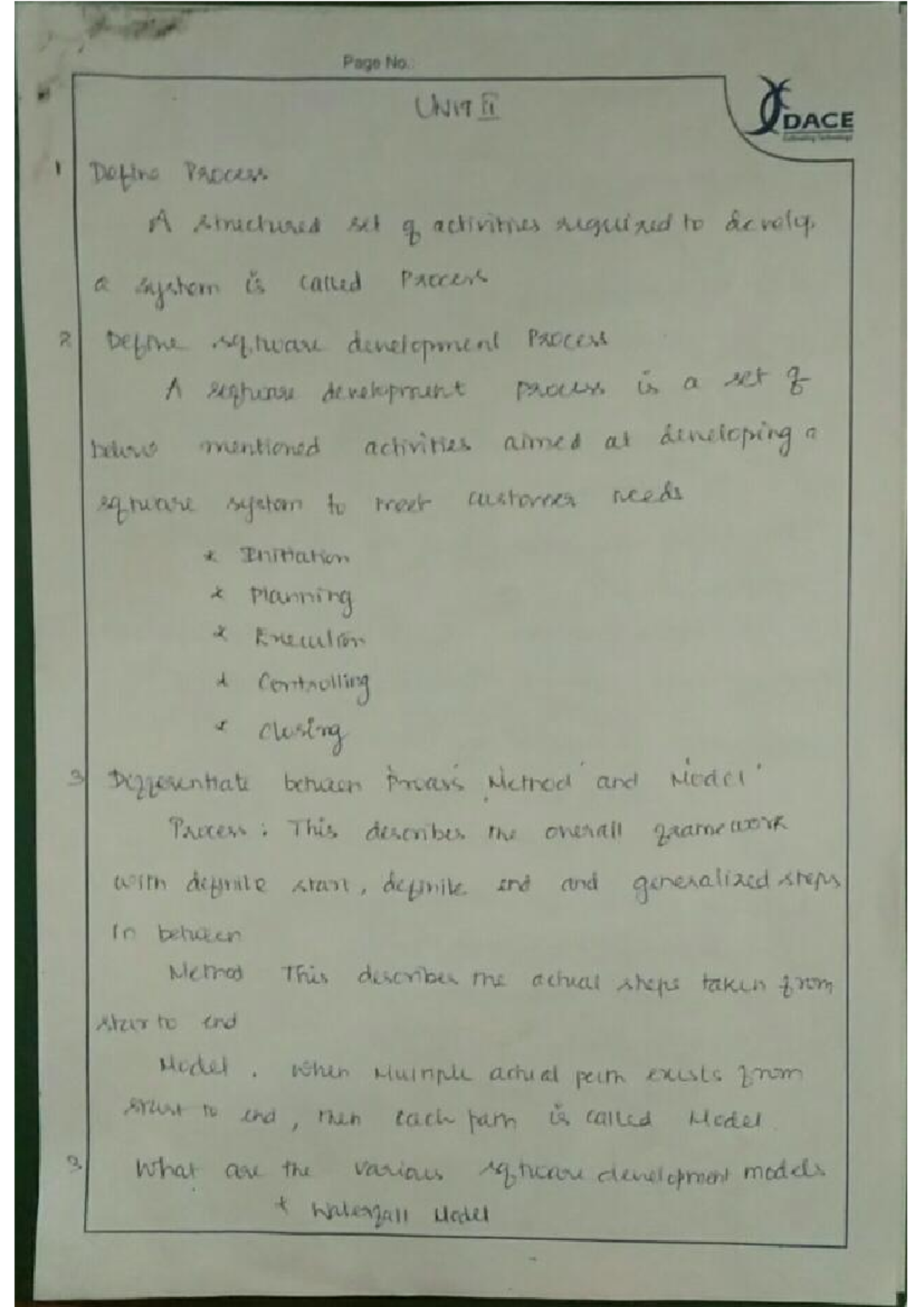 SPM unit 2 - SPM handwritten notes - Page No.: UNIT II DACE I Define ...