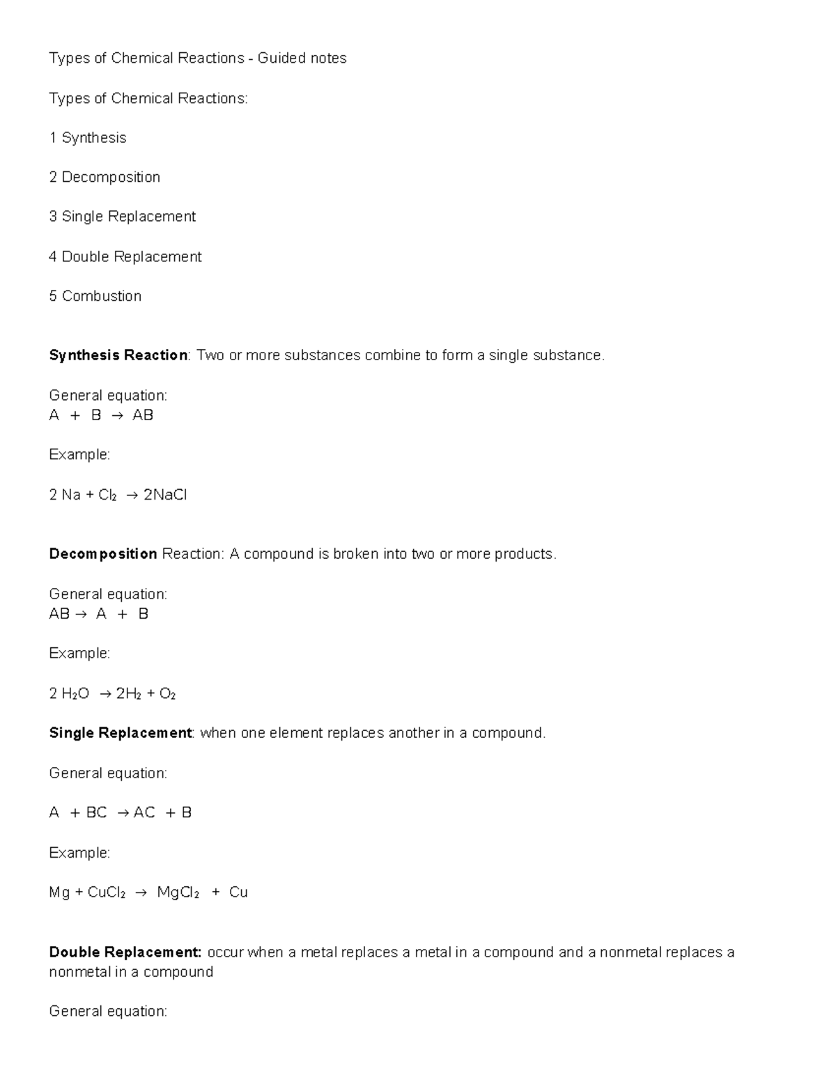 Types of Chemical Reactions - Guided notes - General equation: A + B → ...