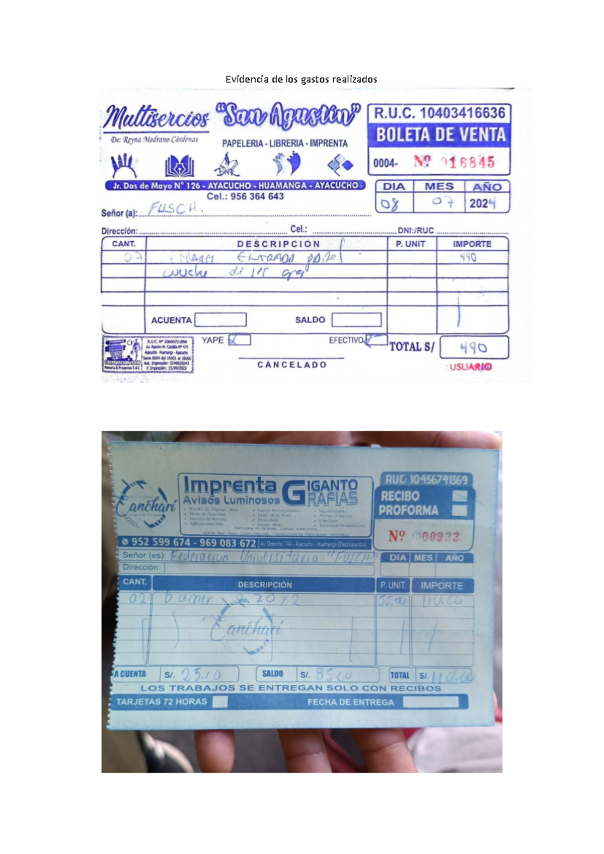 Evidencia de los gastos realizados - U. 10403416636 BOLETA DE VENTA De ...