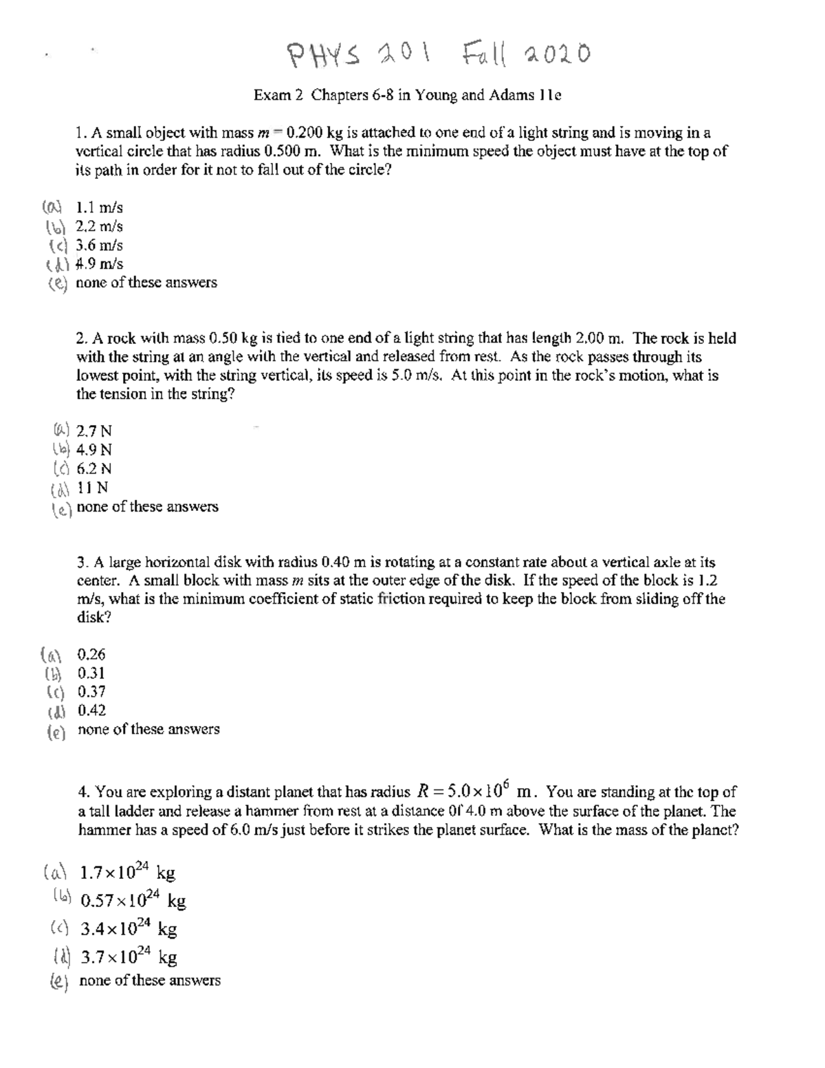 Ex2f20noans - PHYS 201 - Studocu
