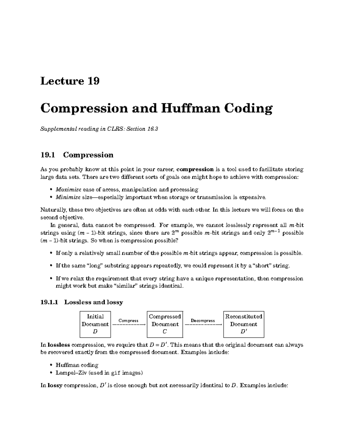Huffman coding - College notes - Lecture 19 Compression and Huffman ...