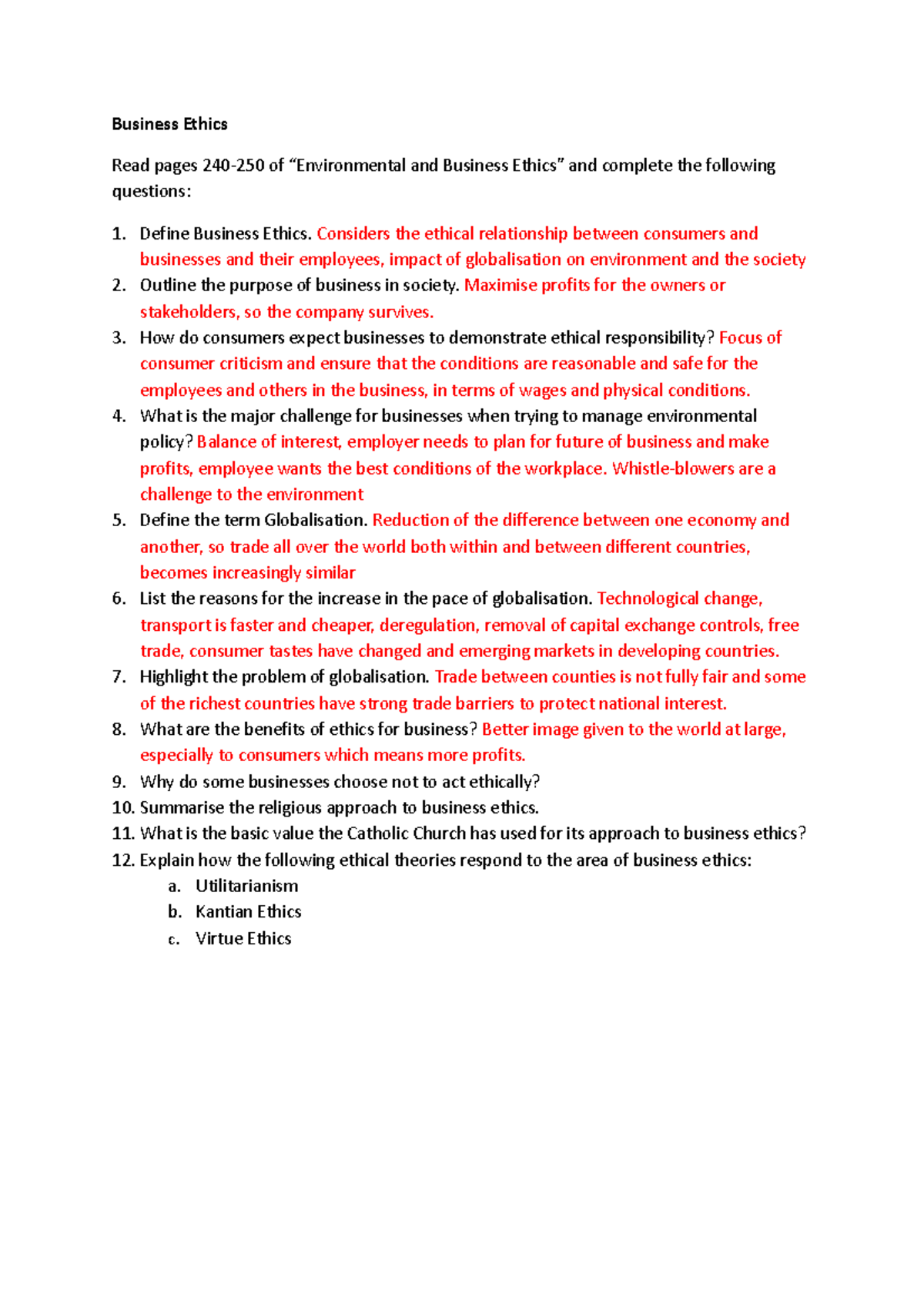 1b Questions Business Ethics - Business Ethics Read pages 240-250 of ...