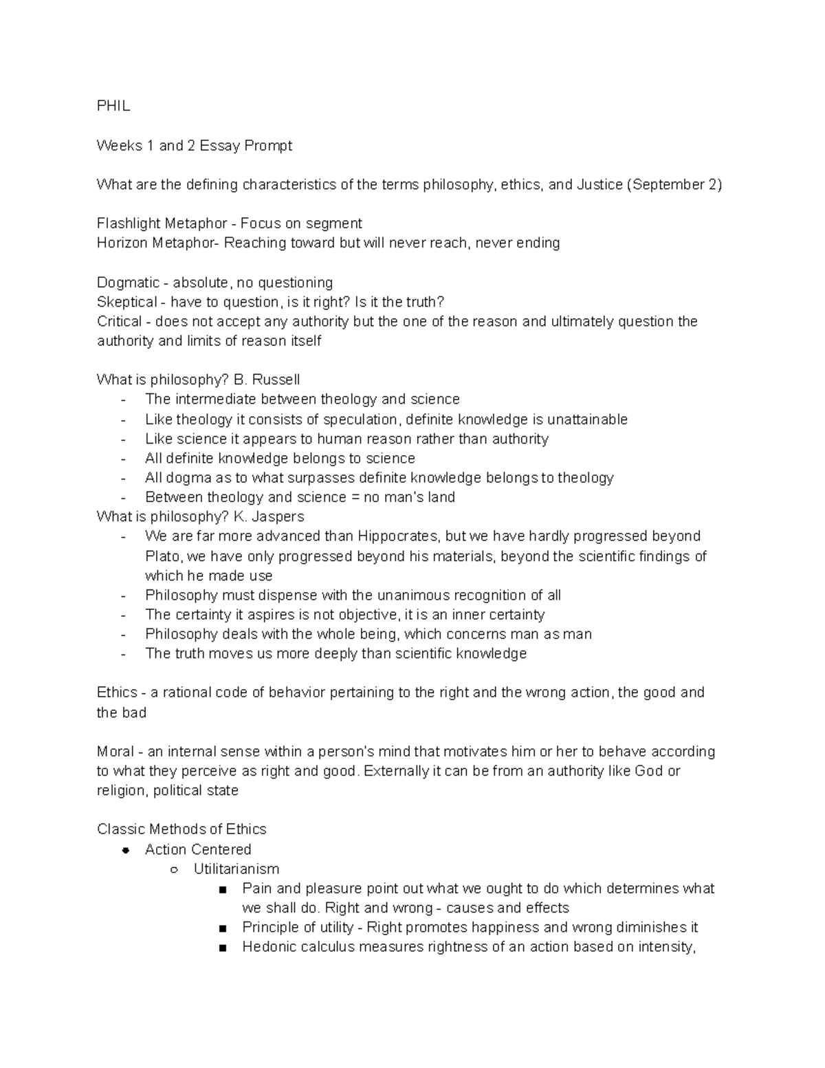 PHIL329 Class Notes Professor Barzilai - PHIL Weeks 1 and 2 Essay ...