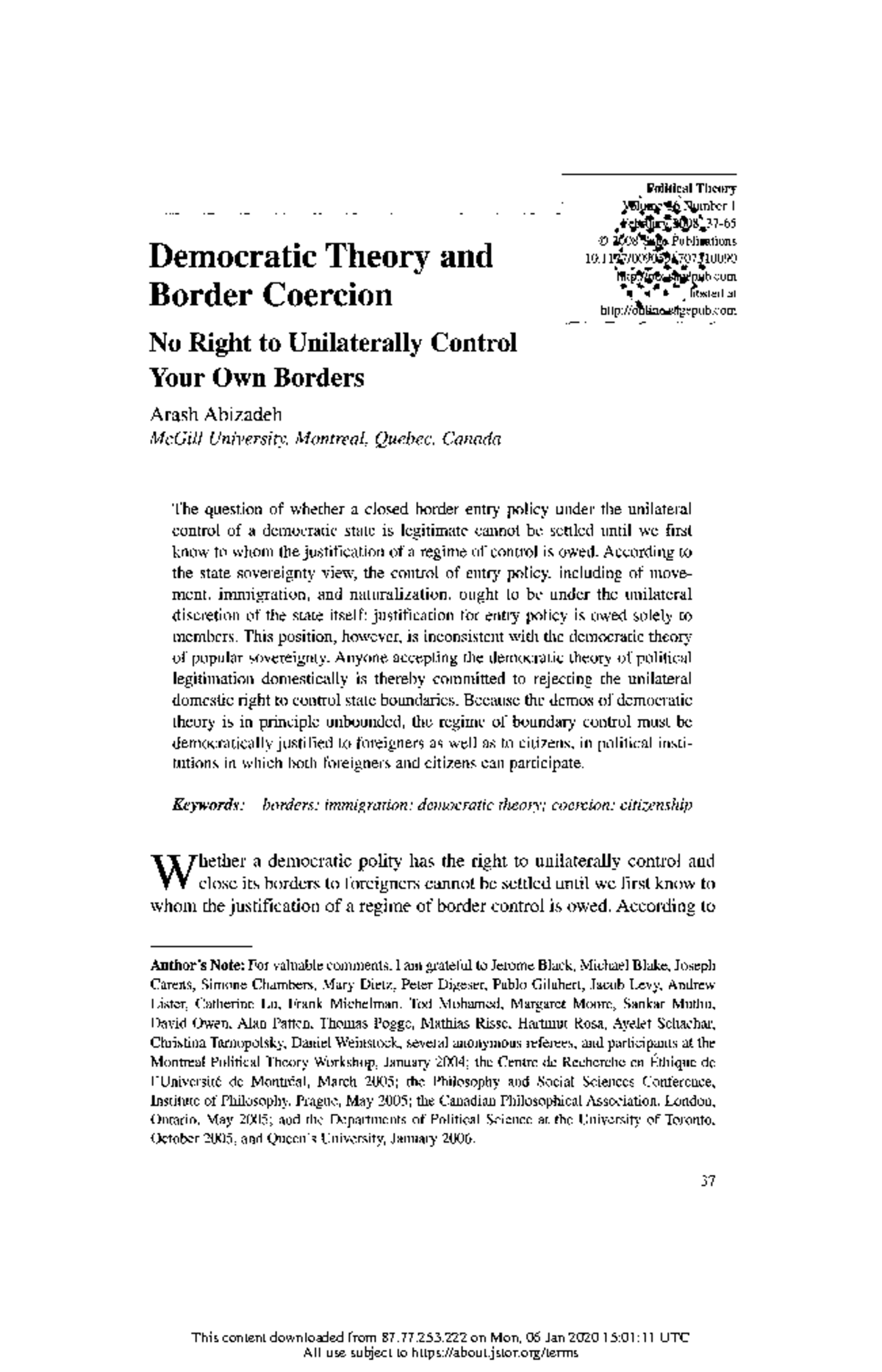 Democratic Theory and Border Coercion - .~~~~~e .I : r{: Febroary'2008 ...