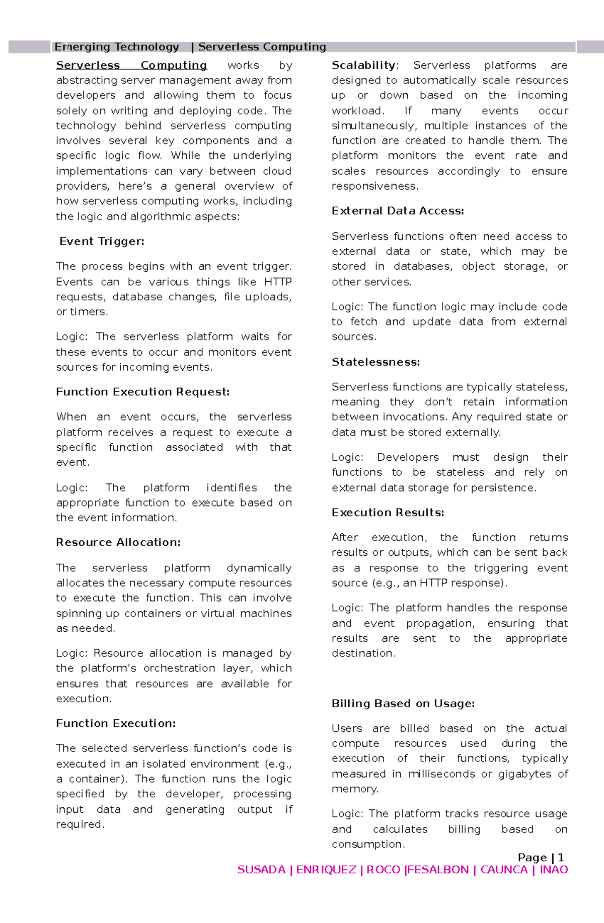 Handout paper for Serverless Computing - Serverless Computing works by ...