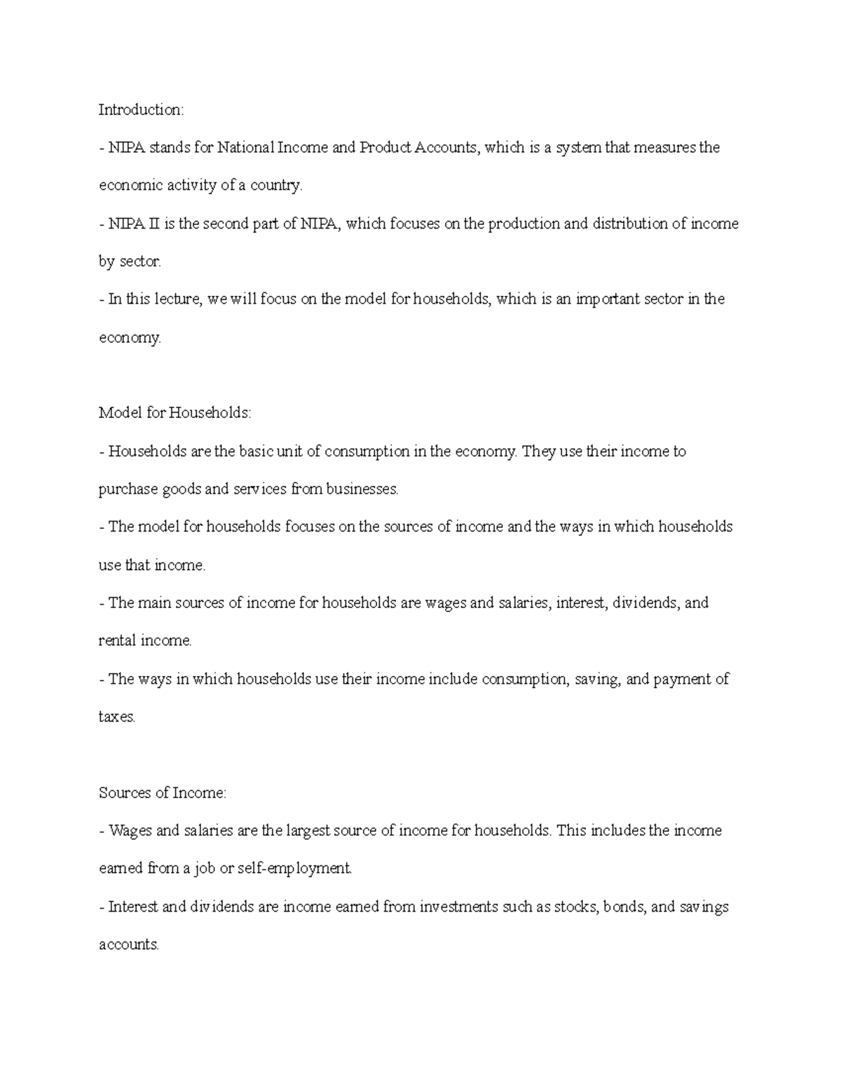 NIPA II, Model Households Lecture Notes - Introduction: NIPA stands for ...