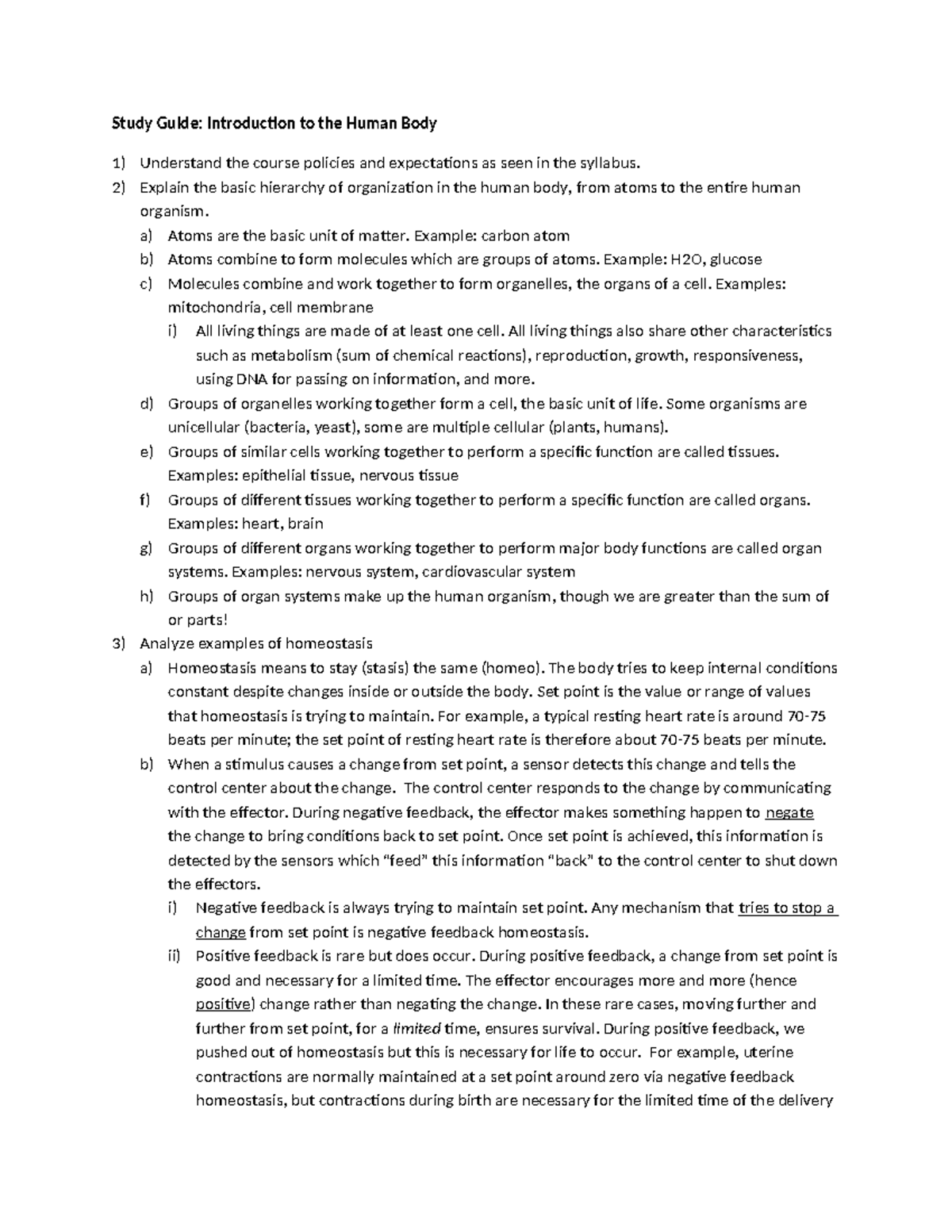 Study Guide Intro to Body - Study Guide: Introduction to the Human Body ...