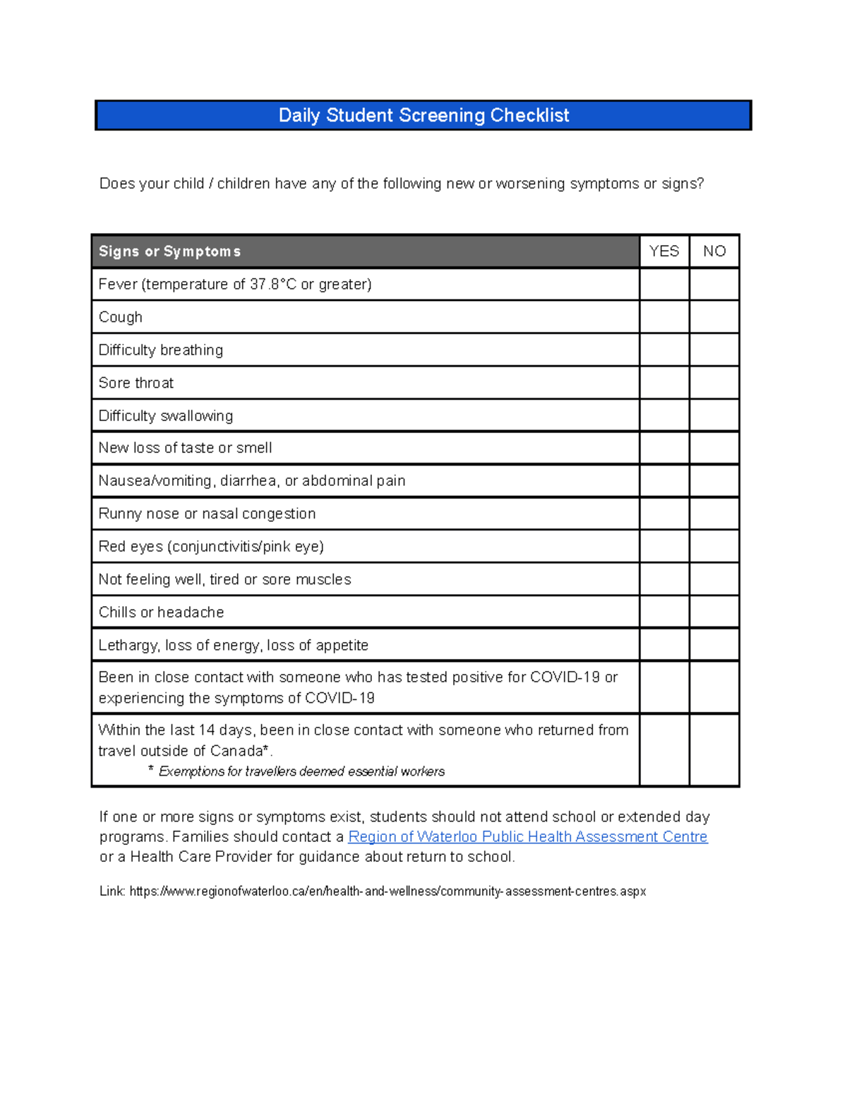 Copy of Daily Student Screening Checklist - August, 2020 - Daily ...