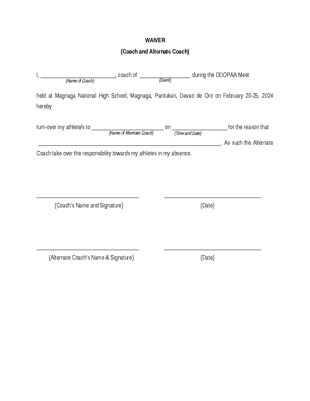 Waiver AND Release FORM FOR Student - WAIVER (Coach and Alternate Coach ...
