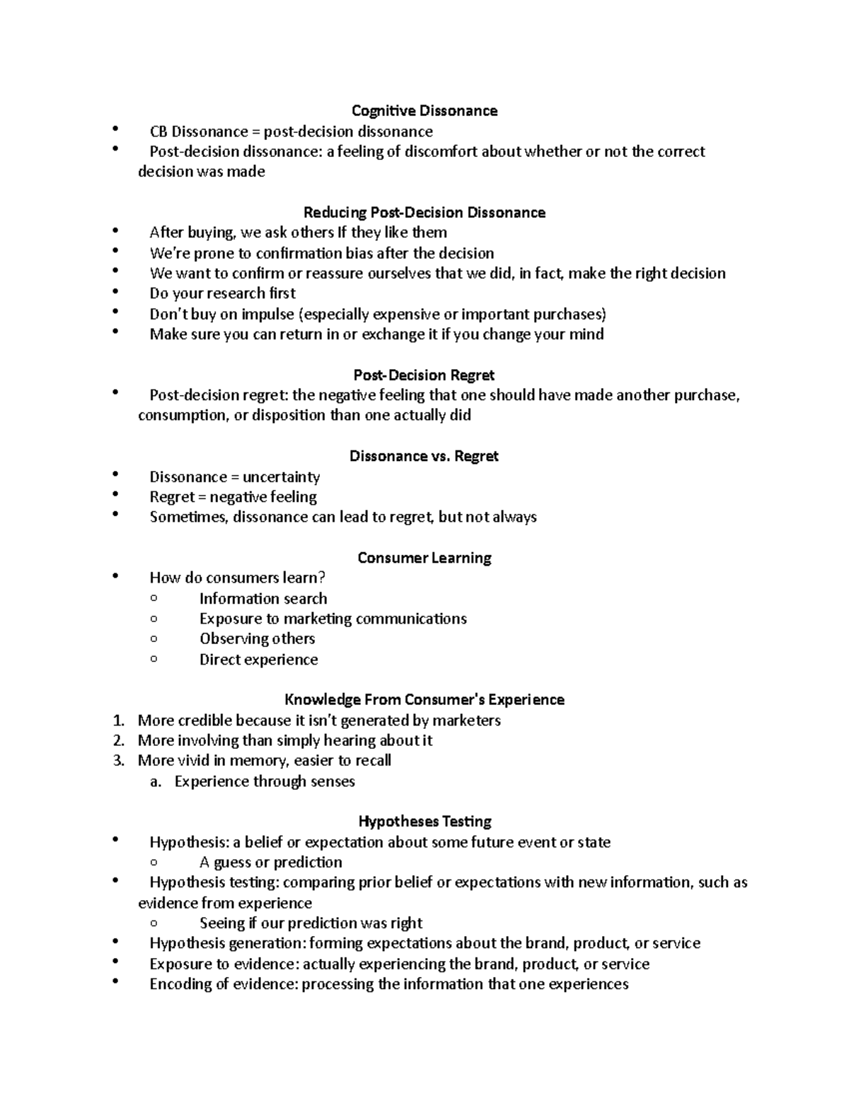 Mktg 367 Ch10 - Lecture notes 10 - Cognitive Dissonance CB Dissonance ...