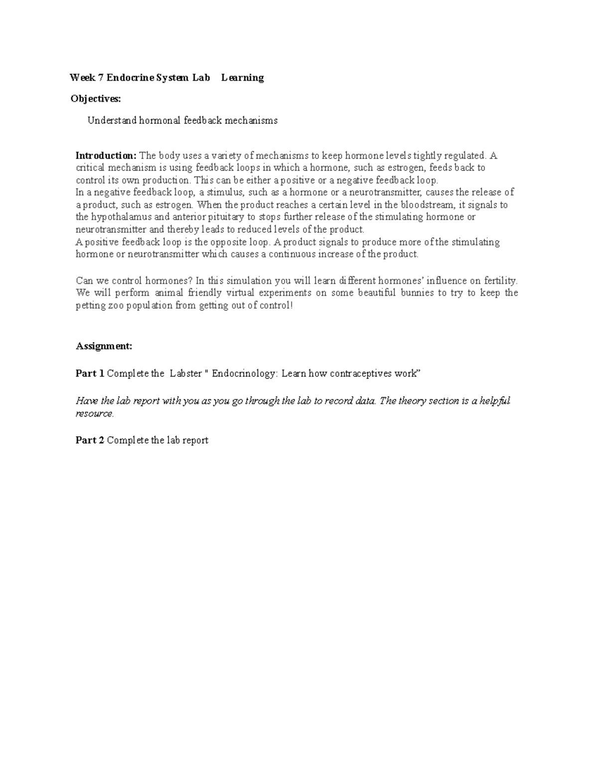 BIO252 W7 Lab Report Endocrine feedback mech - Week 7 Endocrine System Lab Learning Objectives ...