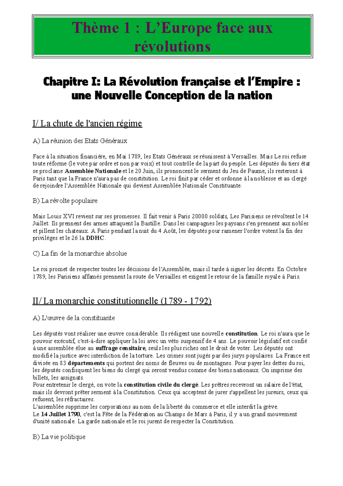 CHAP 1 Histoire - Thème 1 : L’Europe face aux révolutions Chapitre I ...