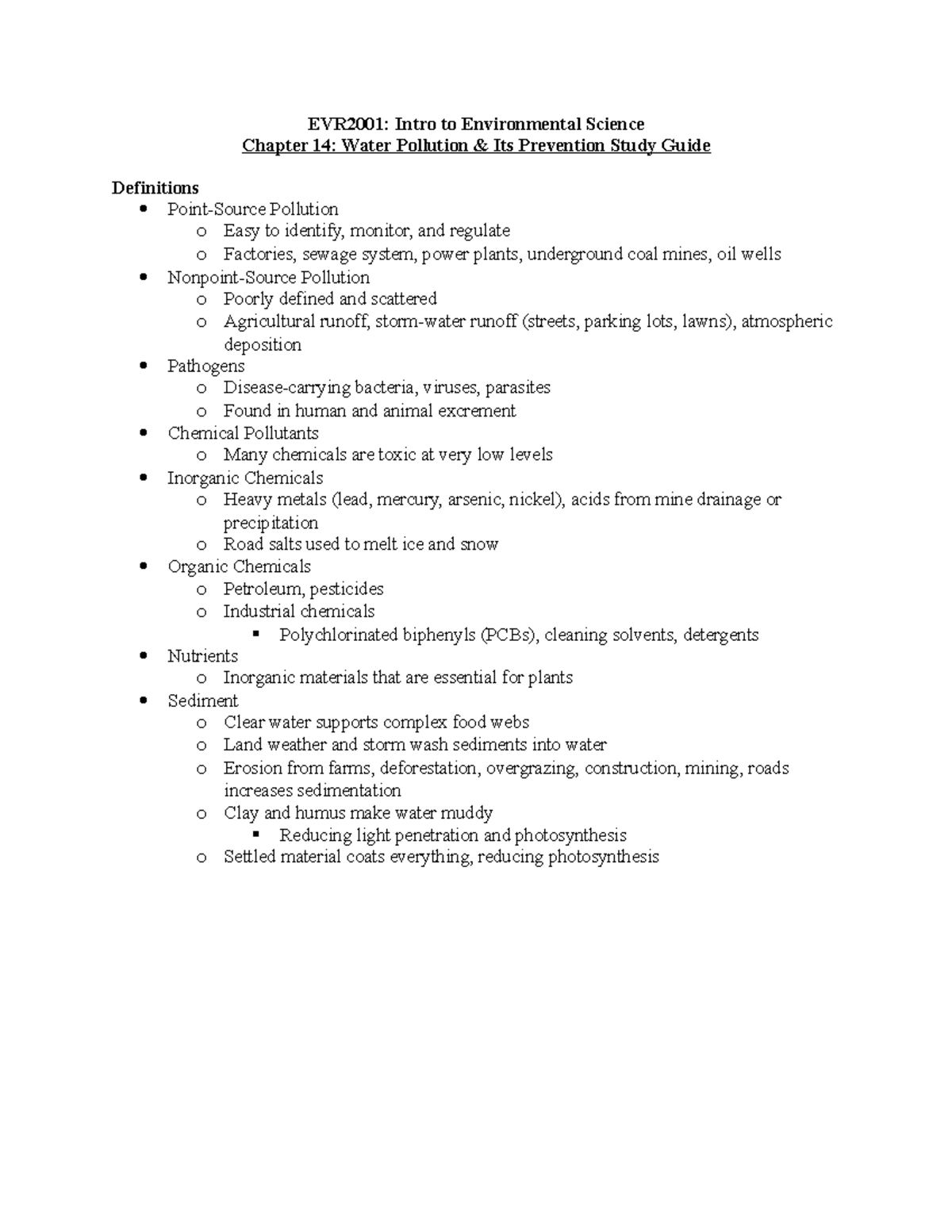 L14Water Pollution - Lecture notes 14 - EVR2001: Intro to Environmental ...