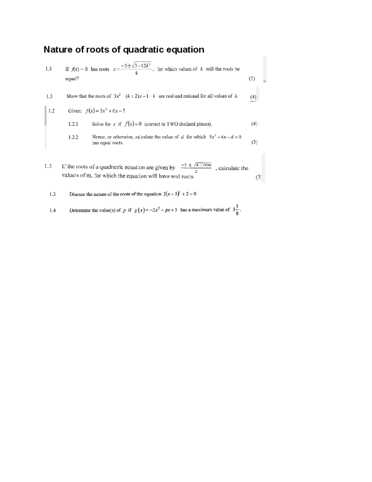 Nature of roots of quadratic equation - CHM 171 - Studocu