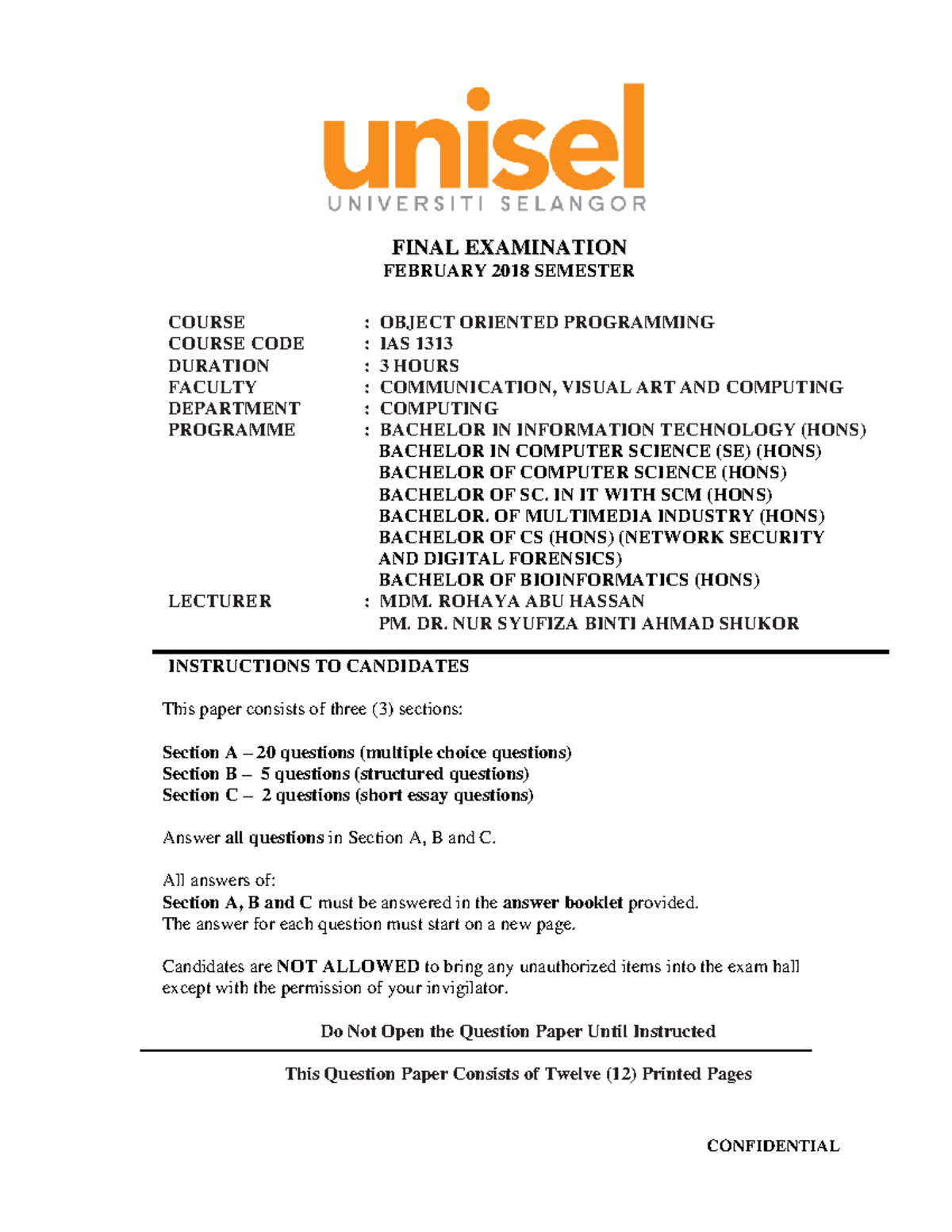 Feb 2018 - past year - CONFIDENTIAL FFIINNAALL EEXXAAMMIINNAATTIIOONN ...