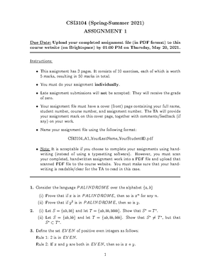 Assignment 1 - Solution - CSI3104 – Introduction to Formal Languages ...