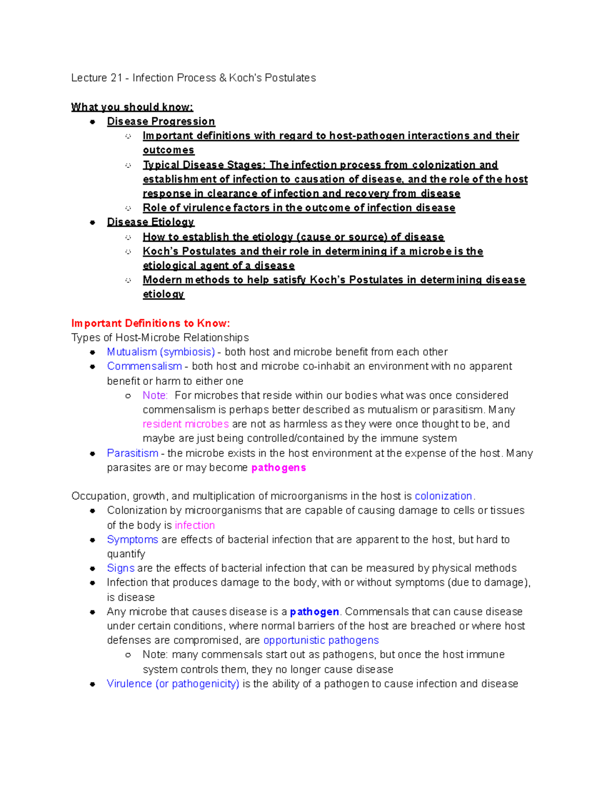 MCB Notes Exam 3 - Lecture 21 - Infection Process & Koch’s Postulates ...