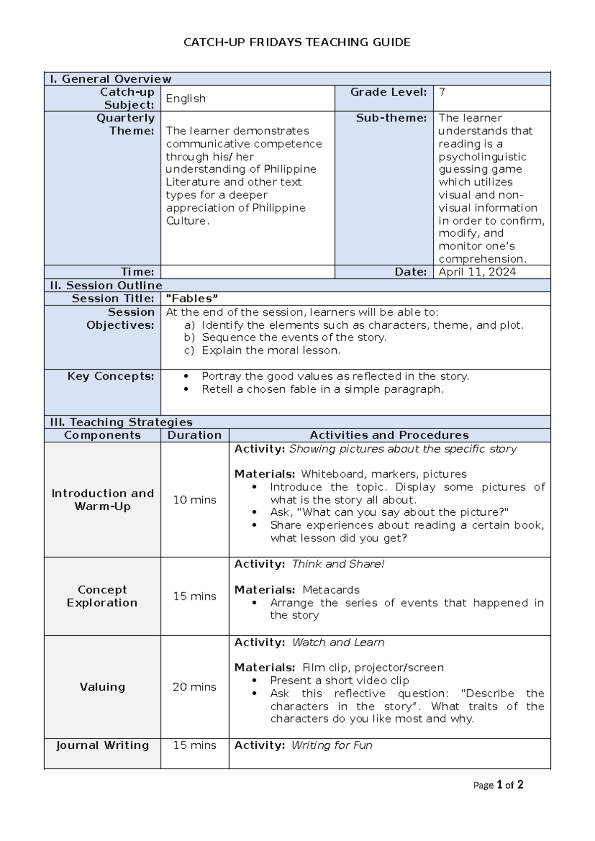 Catch-up Friday English 7 - CATCH-UP FRIDAYS TEACHING GUIDE I. General ...