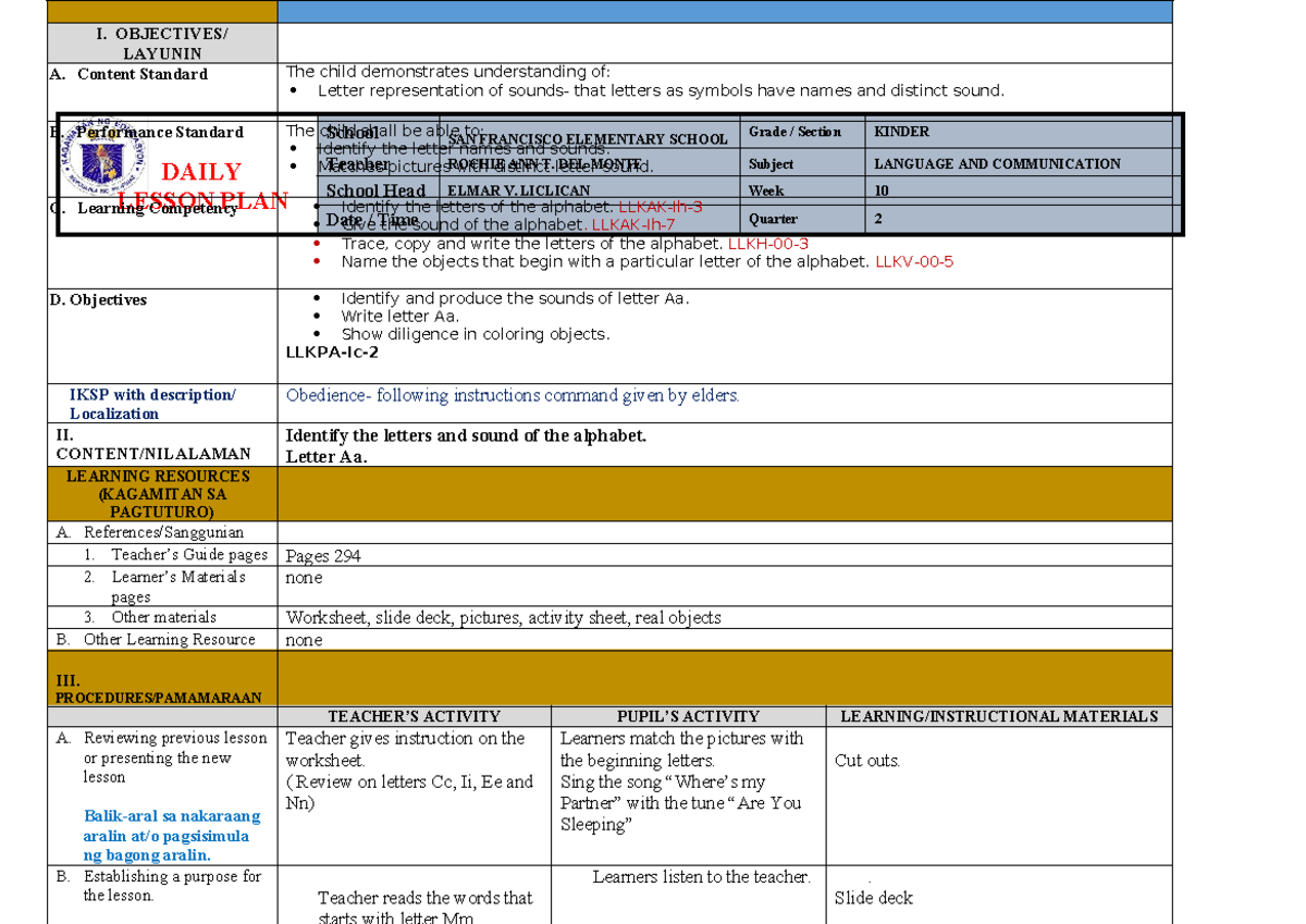 DLL letter Aa - LESSON LOG - DAILY LESSON PLAN School SAN FRANCISCO ...