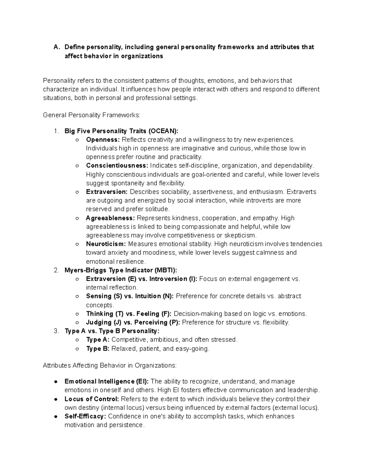 HBO (Second Answer) - Notes - A. Define personality, including general ...