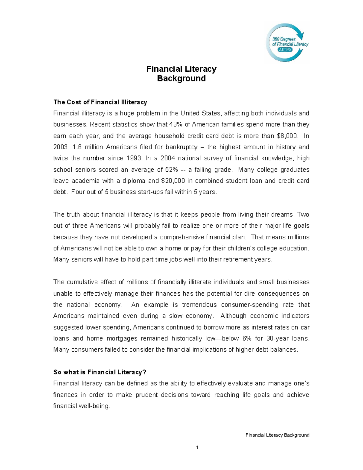 Background - Financial Literacy Background Financial Literacy ...