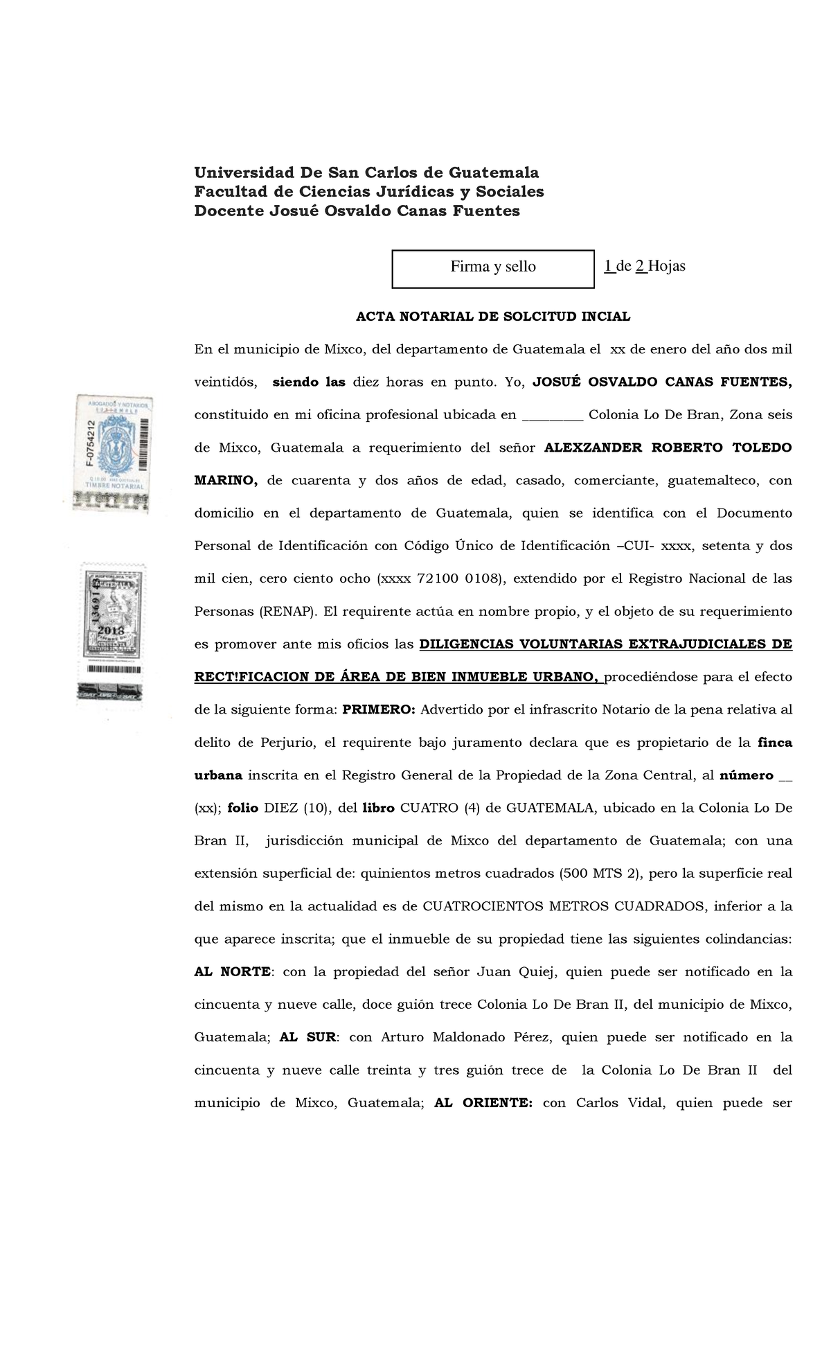Acta Notarial de Rectifación de área de bien inmueble urbano ...