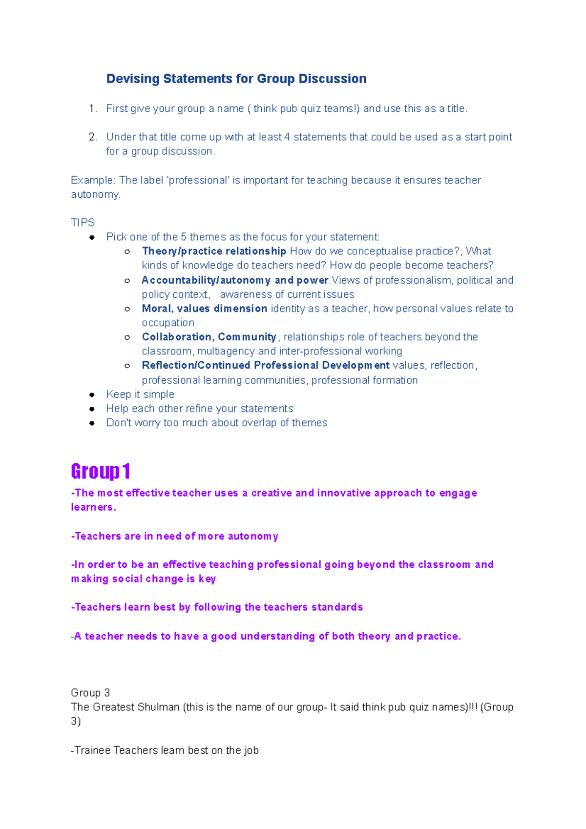 group Statements devised by students - Devising Statements for Group ...