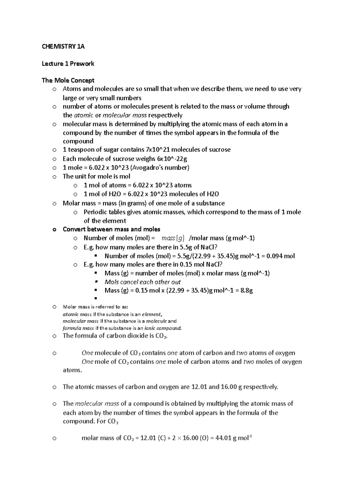 Chemistry 1A - Lecture notes 1-30 - CHEMISTRY 1A Lecture 1 Prework The ...