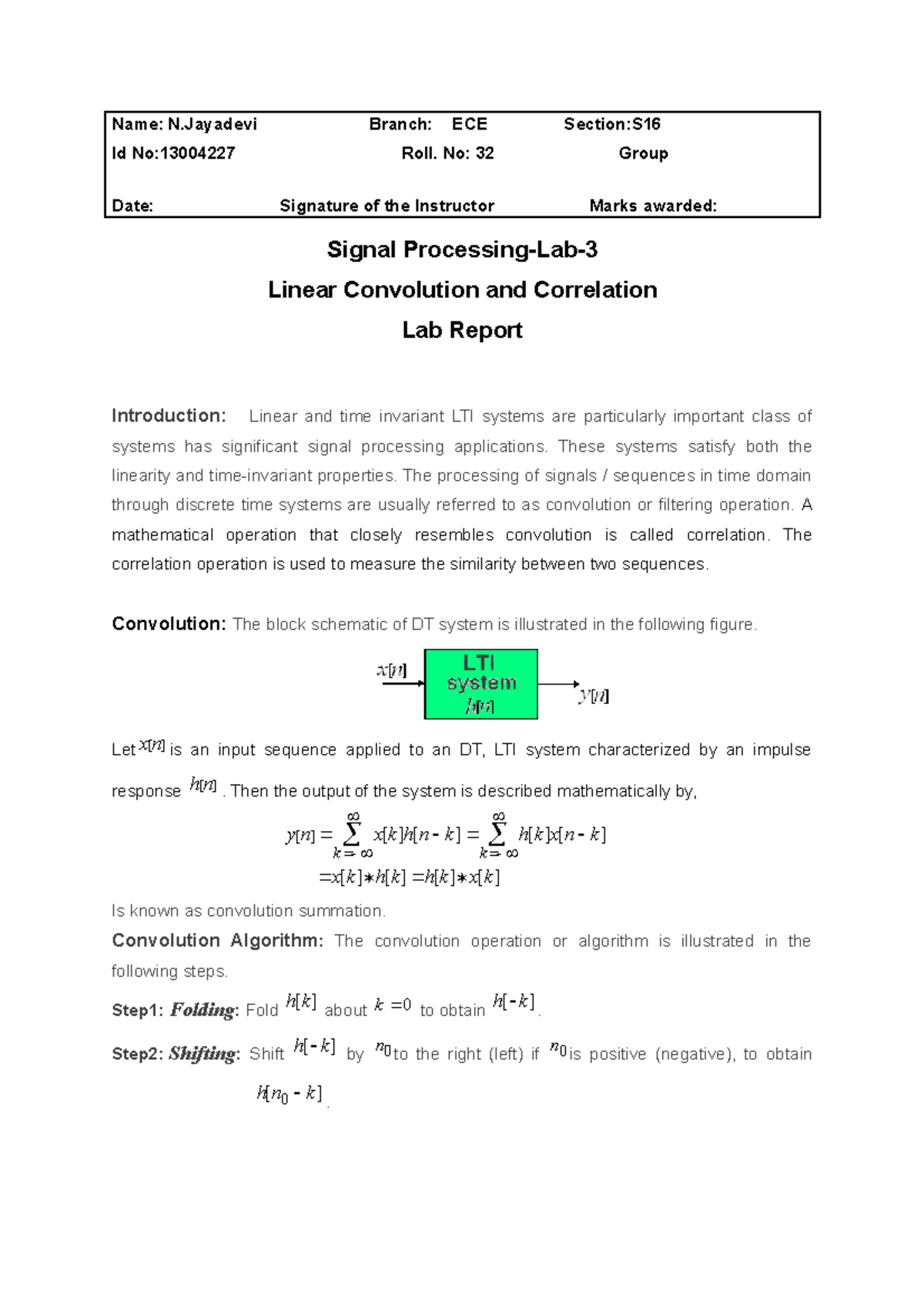 Signal Processing Lab 3 Linear Convoluti - Name: N Branch: ECE Section ...