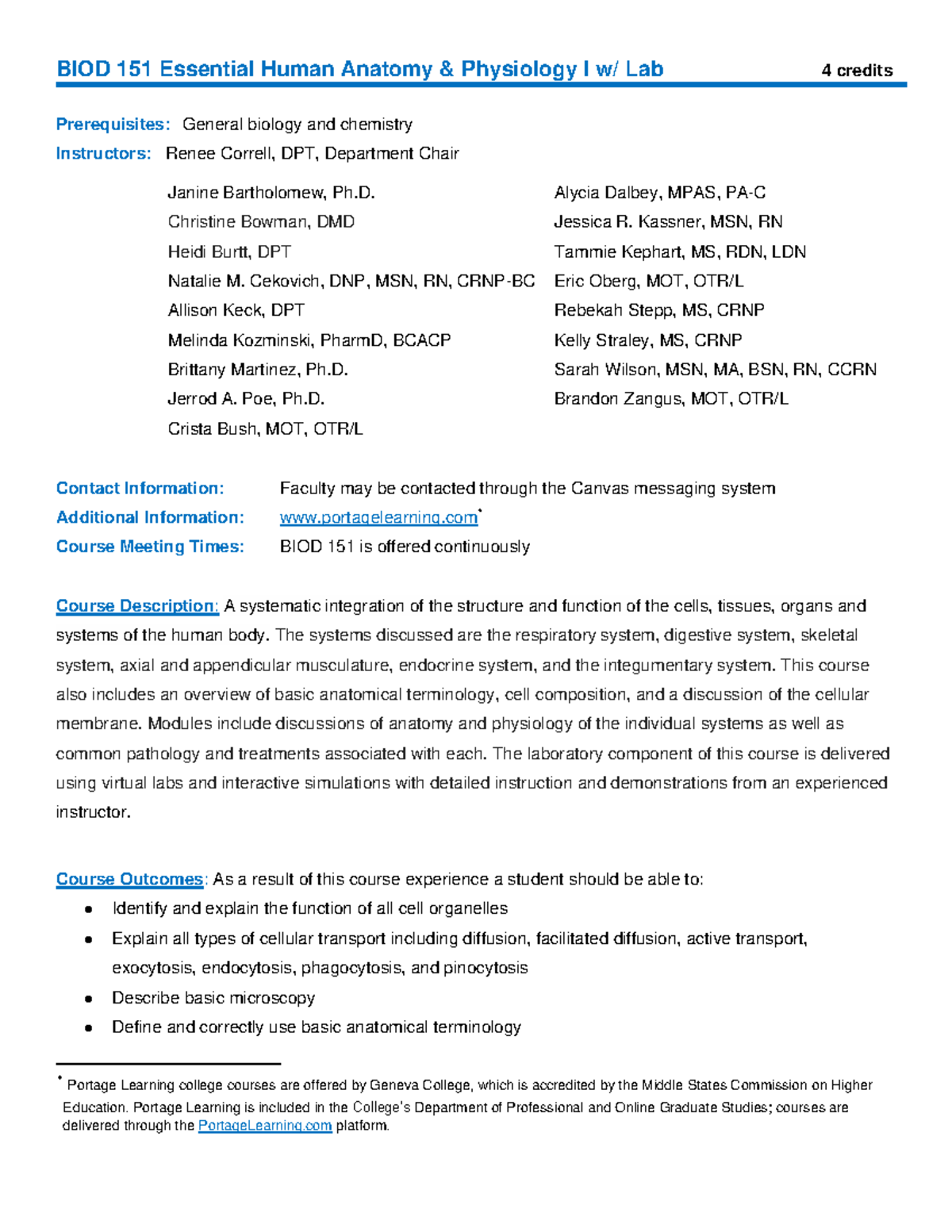 BIOD 151 Syllabus - BIOD 151 Essential Human Anatomy & Physiology I w ...