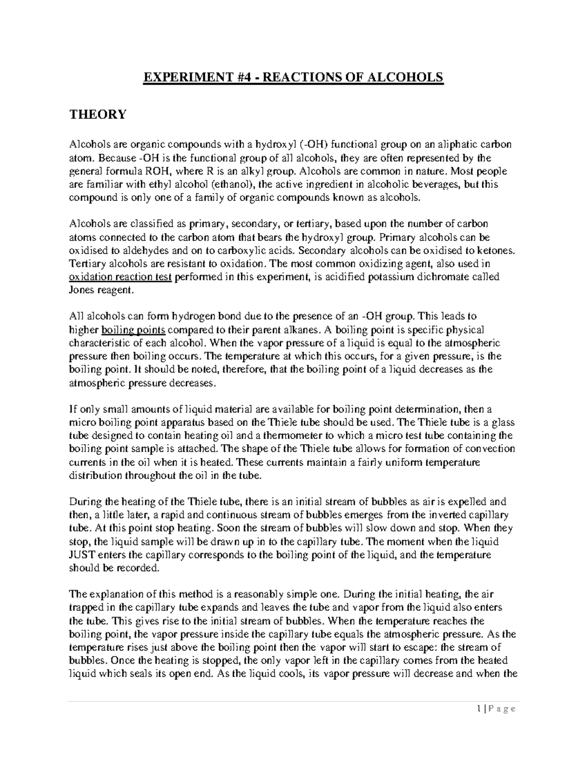 Experiment #4 Reactions of Alcohols 1 - EXPERIMENT # 4 - REACTIONS OF ...