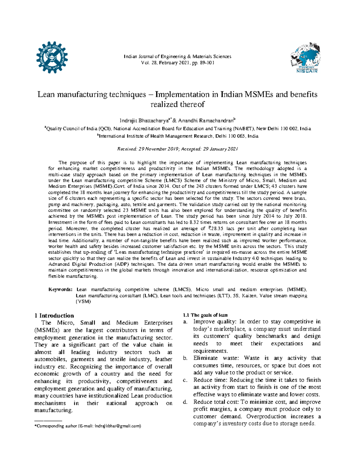 Lean manufacturing techniques Implementa - Indian Journal of ...