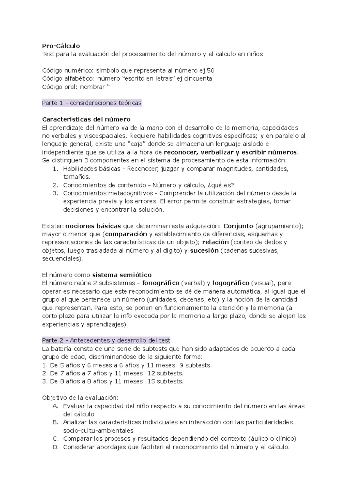 Pro-Cálculo - Resumen parte 1 y 2 - Pro-Cálculo Test para la evaluación ...