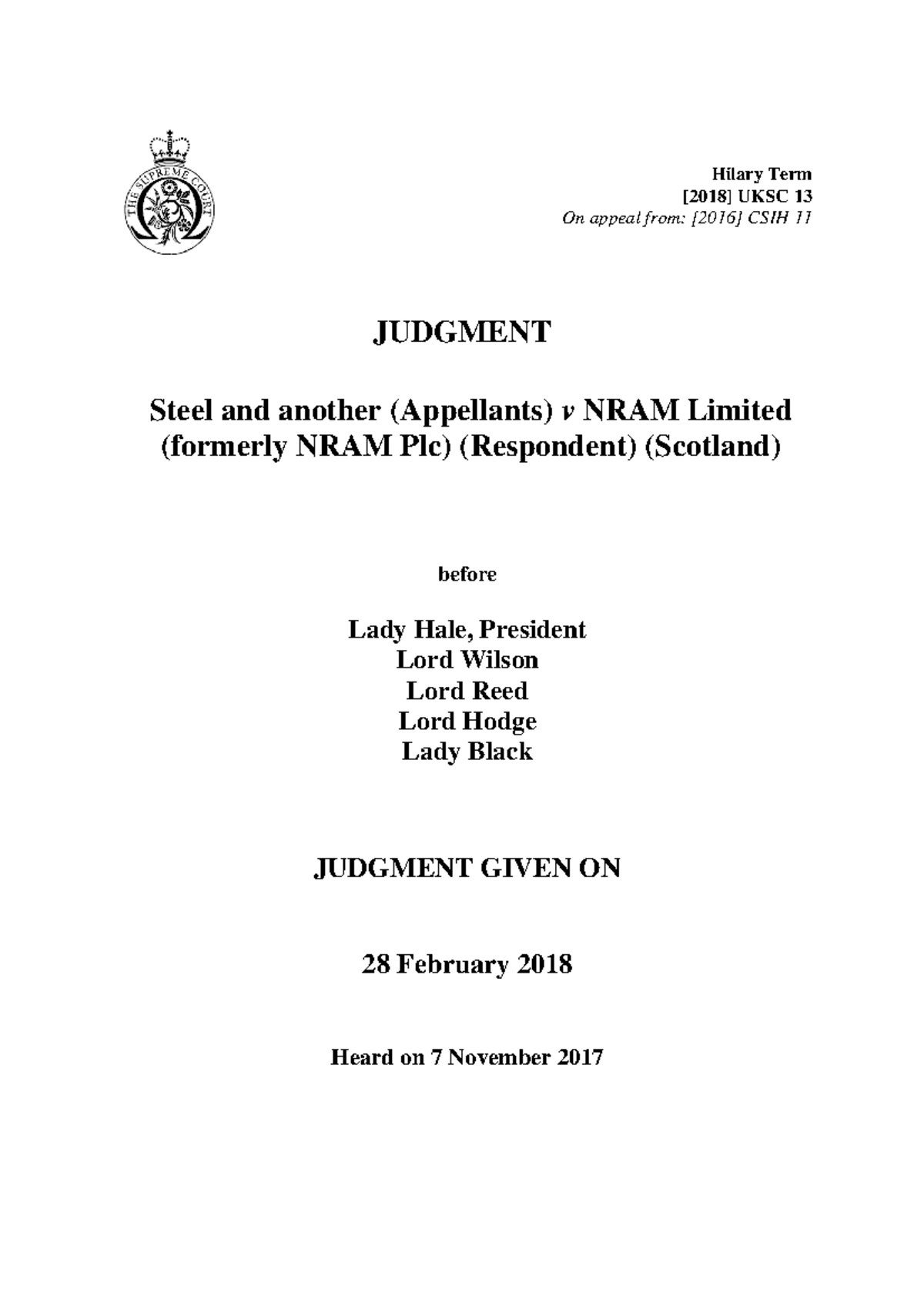 Steeel v NRAM - [2018] UKSC 13 - Hilary Term [2018] UKSC 13 On appeal ...