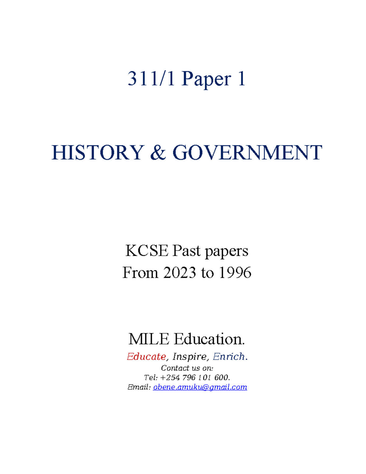 History & Government MS KCSE PP1 - 1996-2023 - 311/1 Paper 1 HISTORY ...