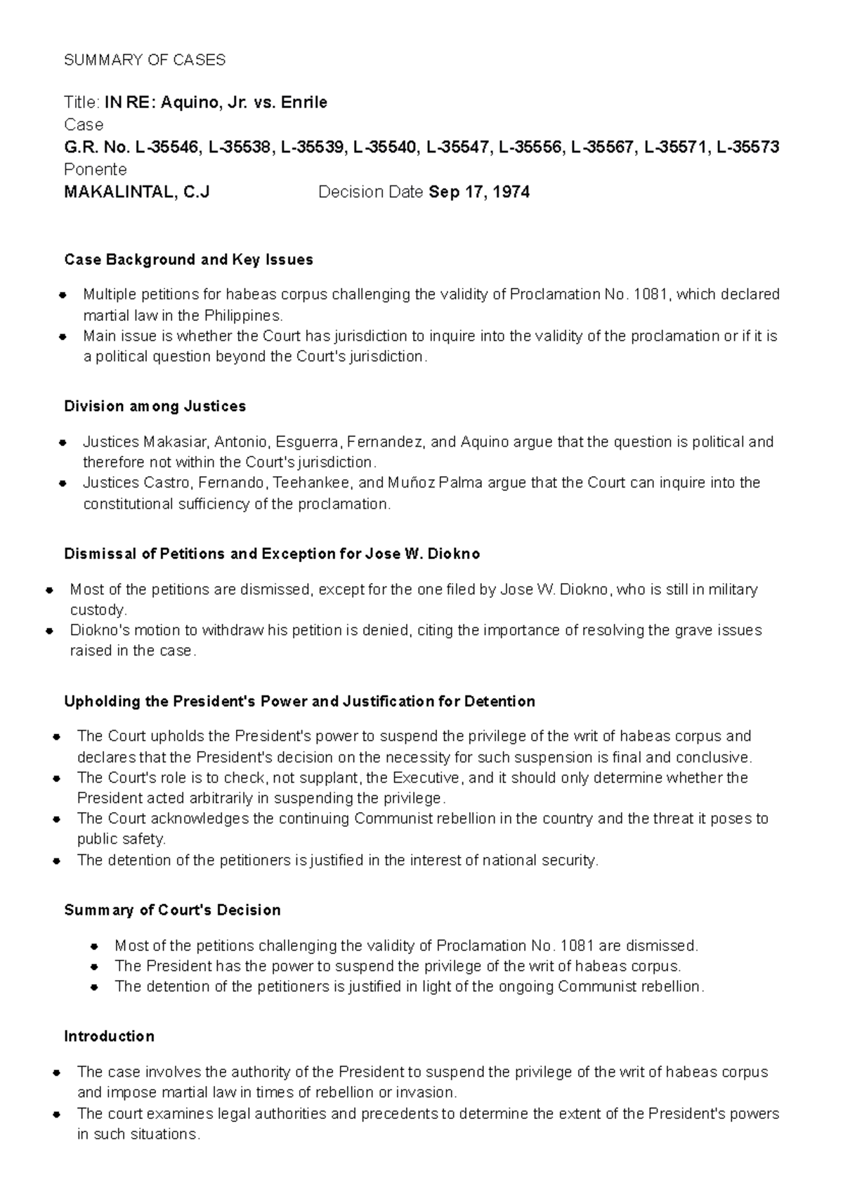 Summary OF Cases - SUMMARY OF CASES Title: IN RE: Aquino, Jr. vs ...
