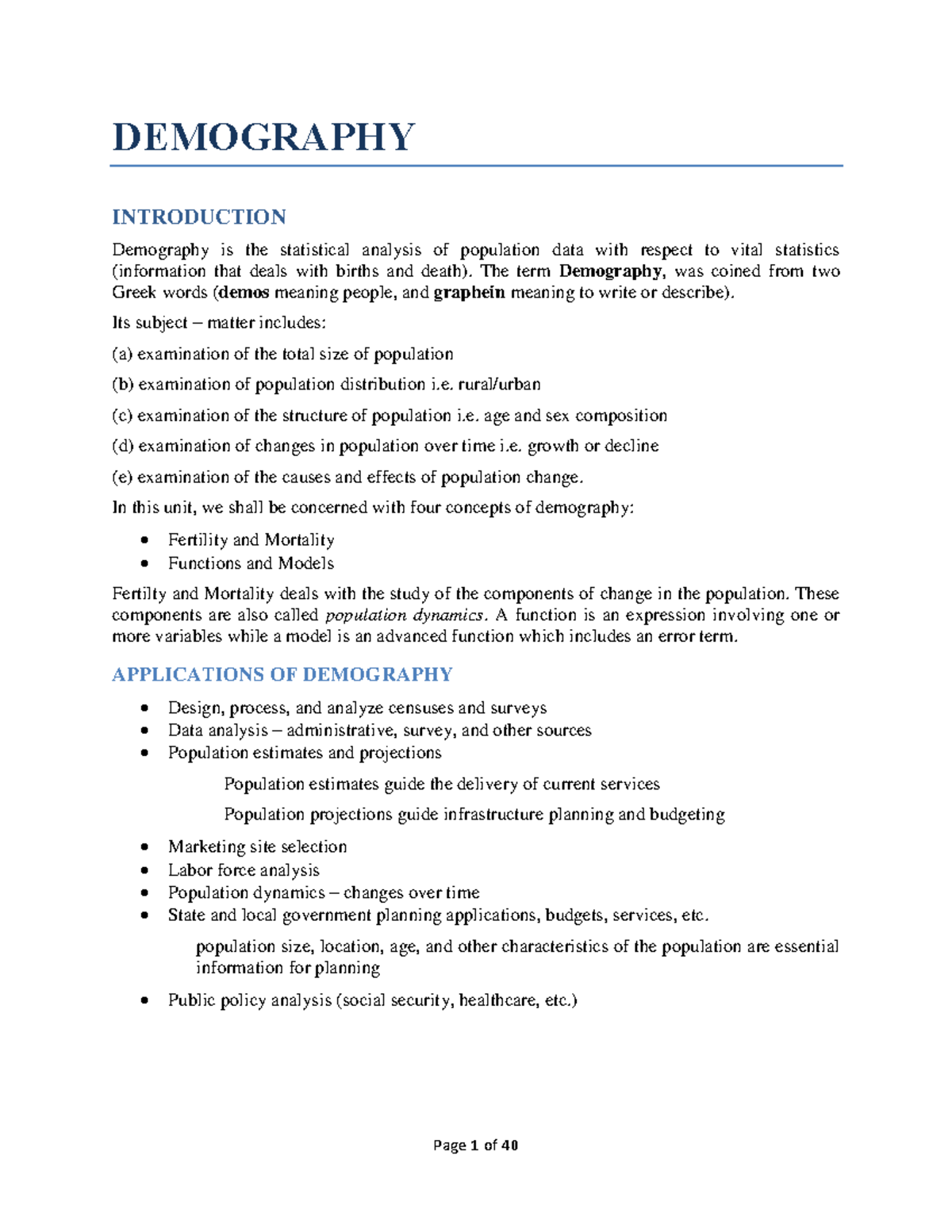 Statistical Demography Notes - DEMOGRAPHY INTRODUCTION Demography is ...