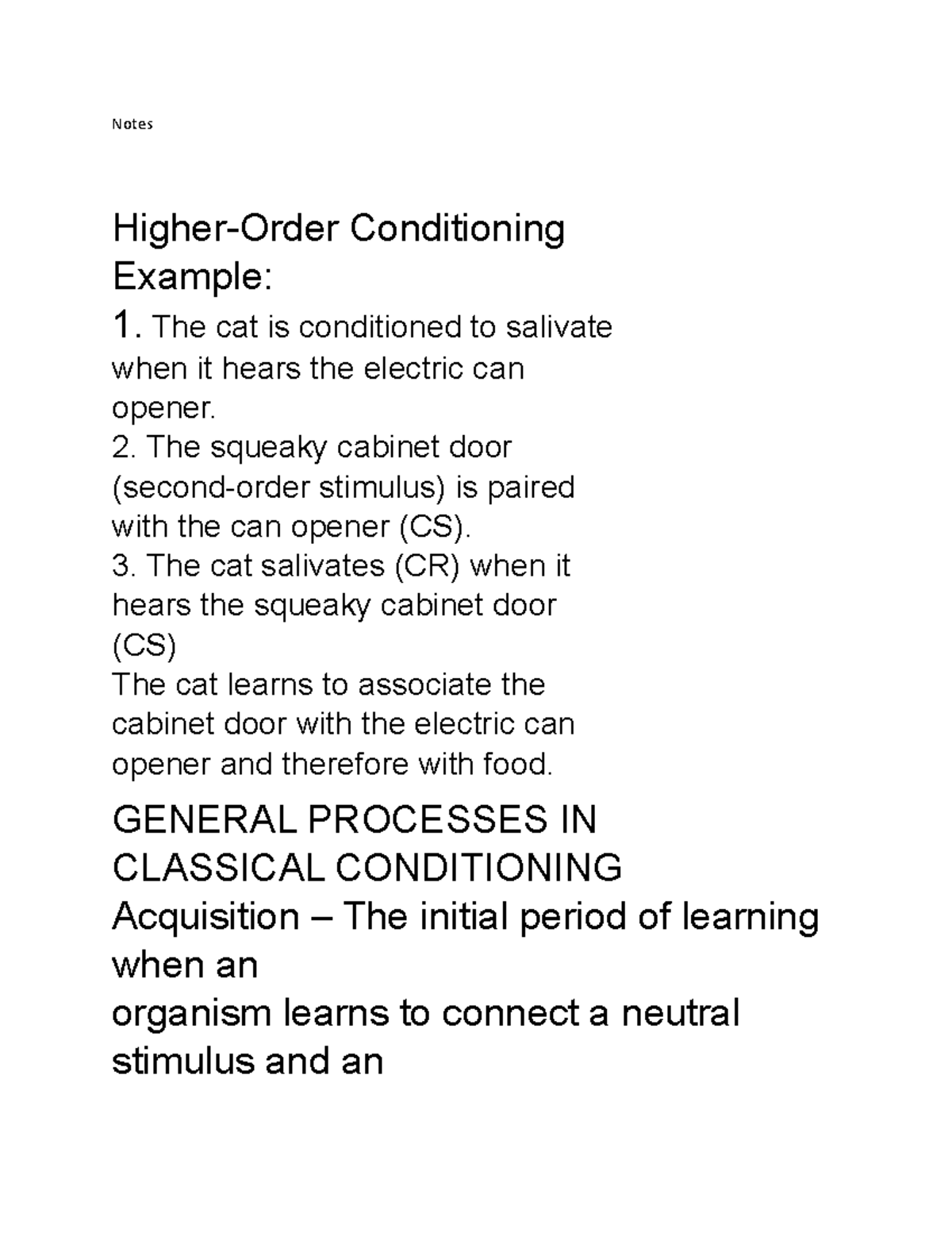 Document 91 - learning - Notes Higher-Order Conditioning Example: The ...