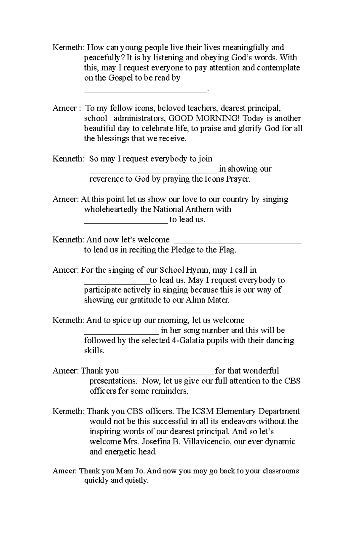 Emcee script-flag ceremony - Kenneth: How can young people live their ...