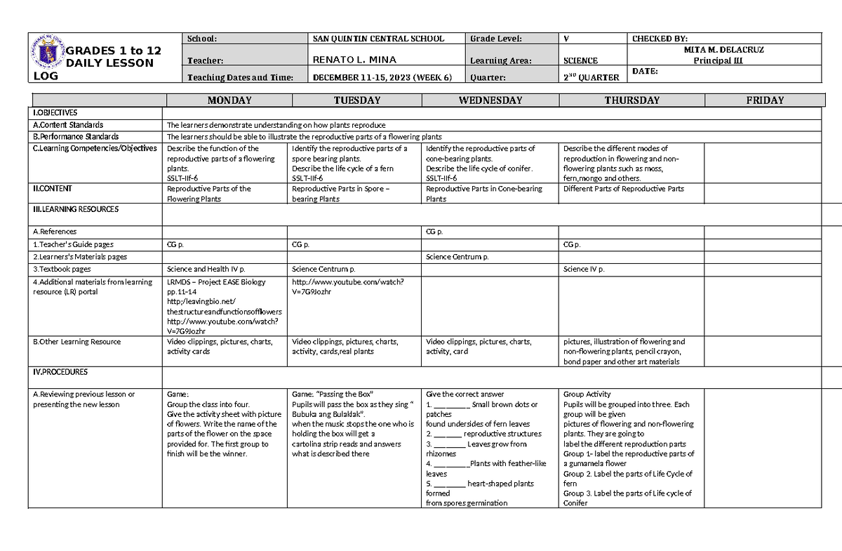 DLL Science 5 Q2 W6 - DLL - GRADES 1 to 12 DAILY LESSON LOG School: SAN ...
