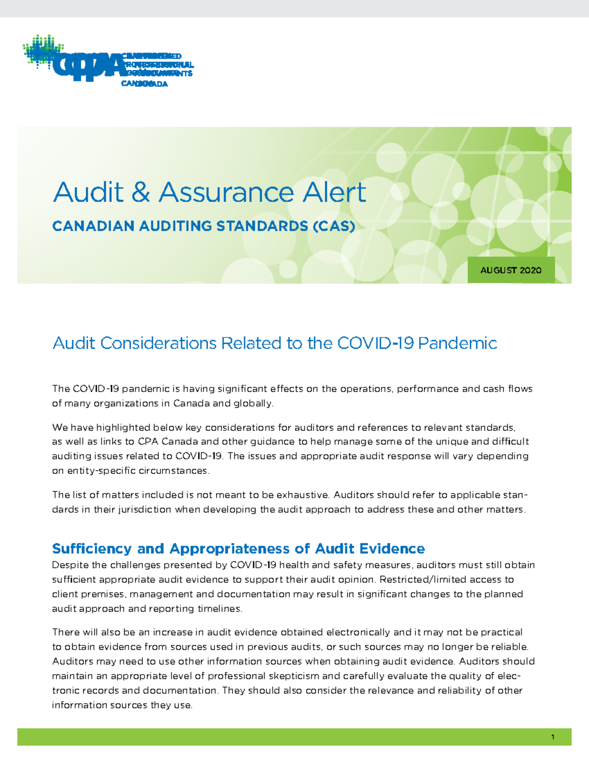 Audit considerations related to Covid 19 - CPA Canada - 08 2020 - CANADIAN AUDITING STANDARDS ...