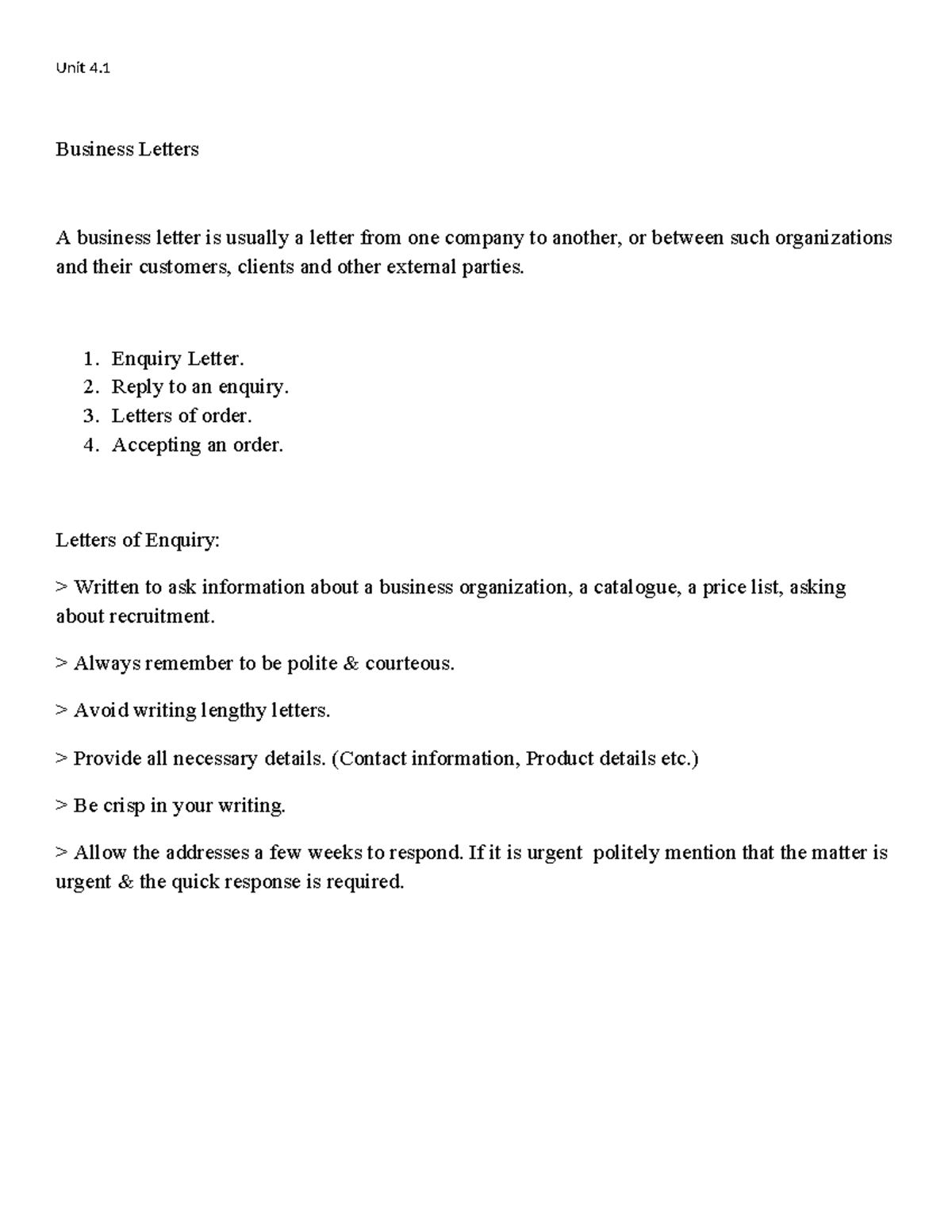 Unit 4 cs_STUDY2BCA - Unit 4. Business Letters A business letter is ...