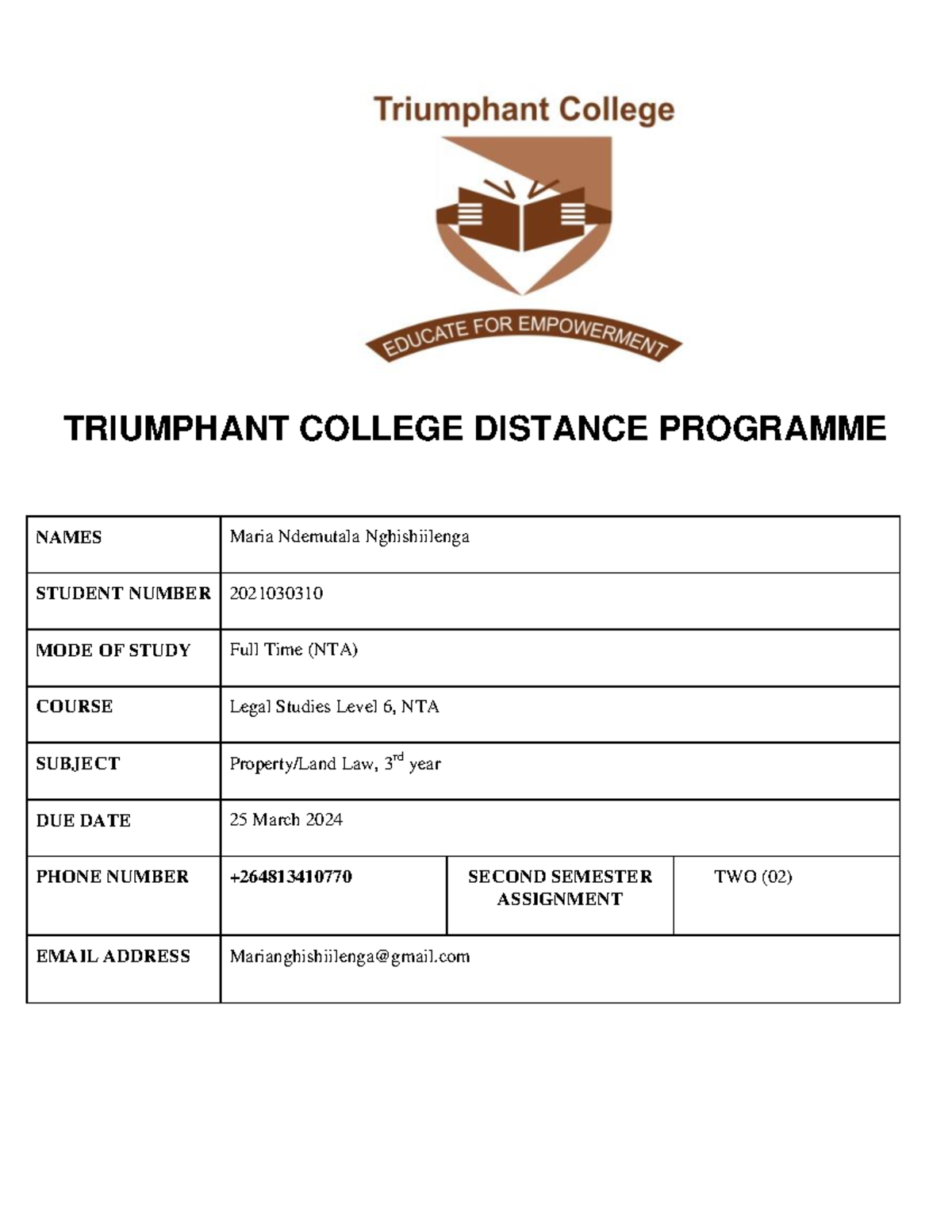 Assignment 2 - Introduction to Law - TRIUMPHANT COLLEGE DISTANCE ...