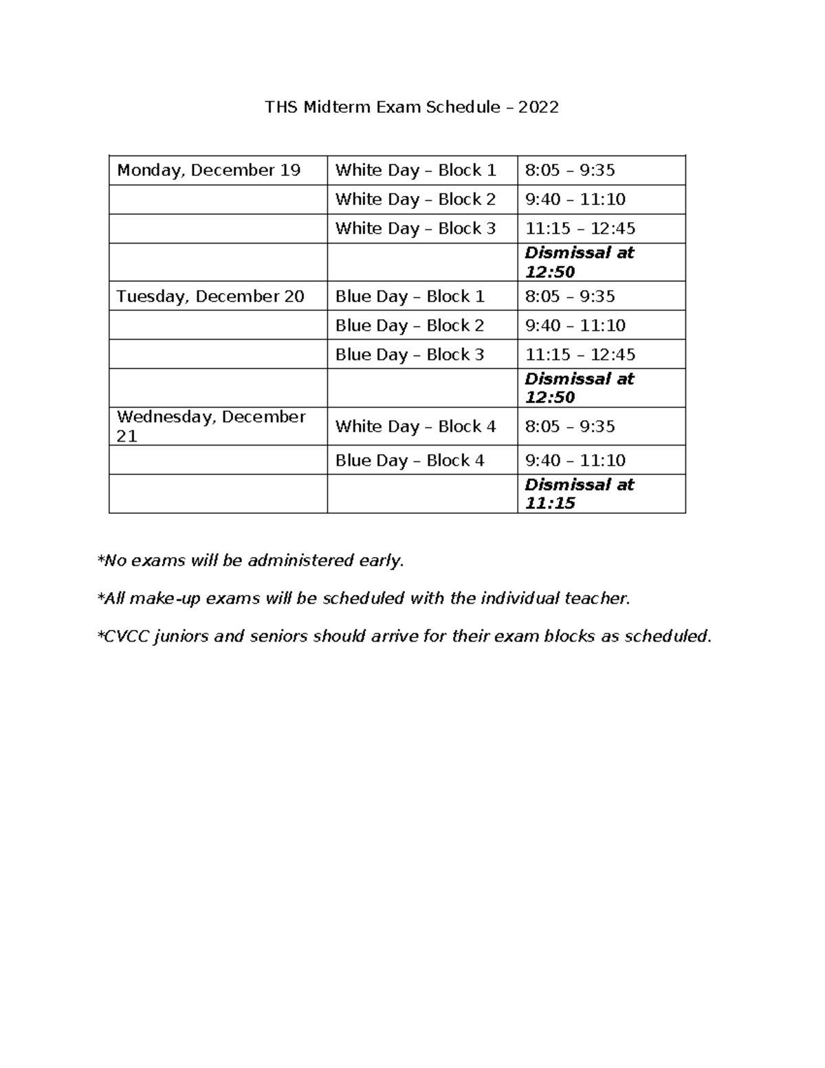 THS Midterm Exam Schedule - 12-2022 - THS Midterm Exam Schedule – 2022 ...