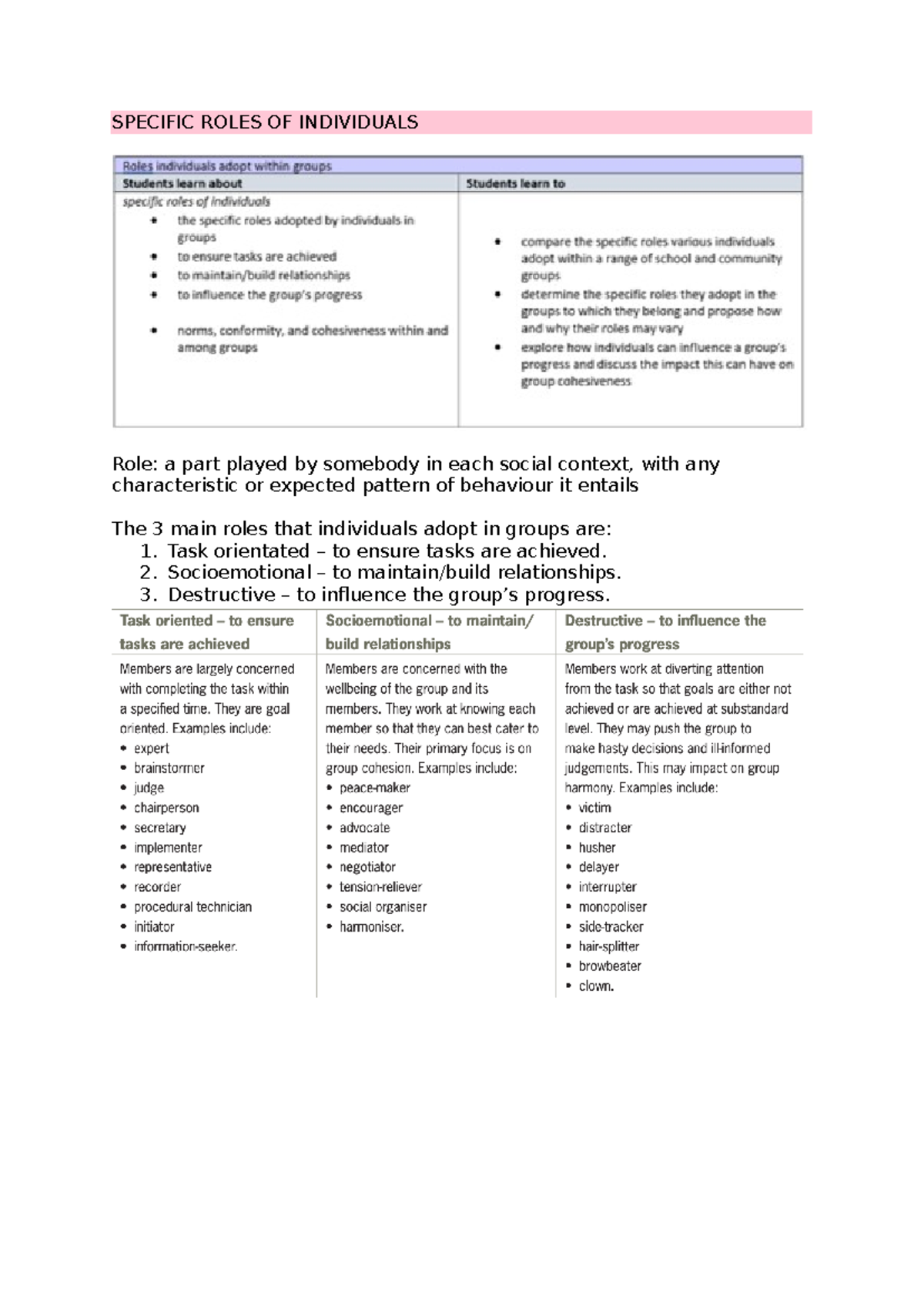3. Specific Roles OF Individuals - SPECIFIC ROLES OF INDIVIDUALS Role ...