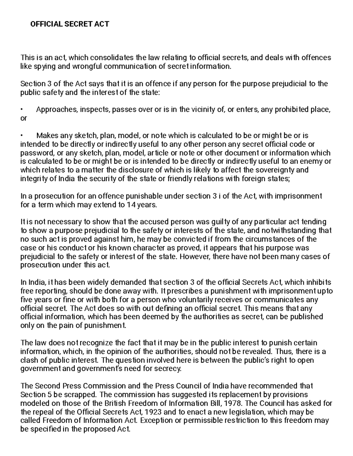 Official secret act - Lecture notes 4th semester - OFFICIAL SECRET ACT ...